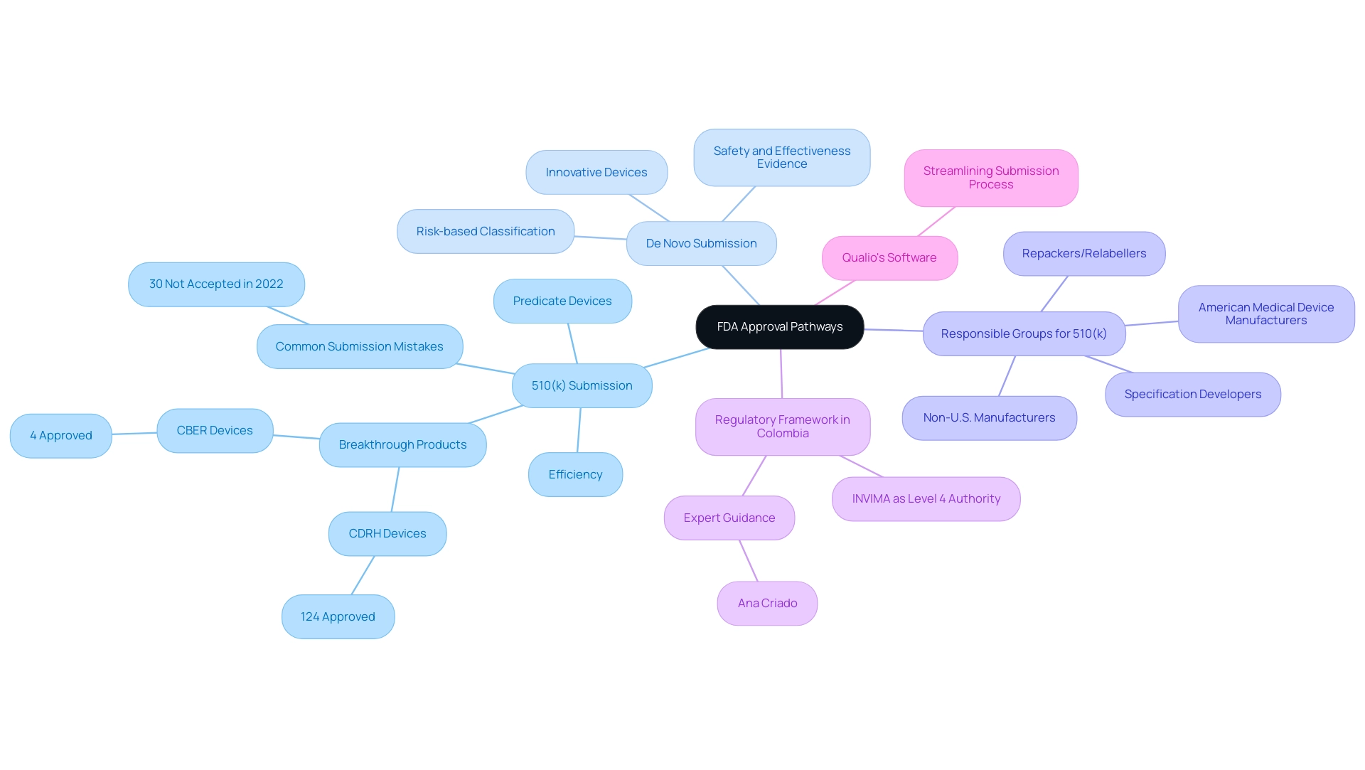 The central node represents FDA approval pathways, with branches for 510(k) and De Novo submissions, each illustrating their characteristics and involved groups.