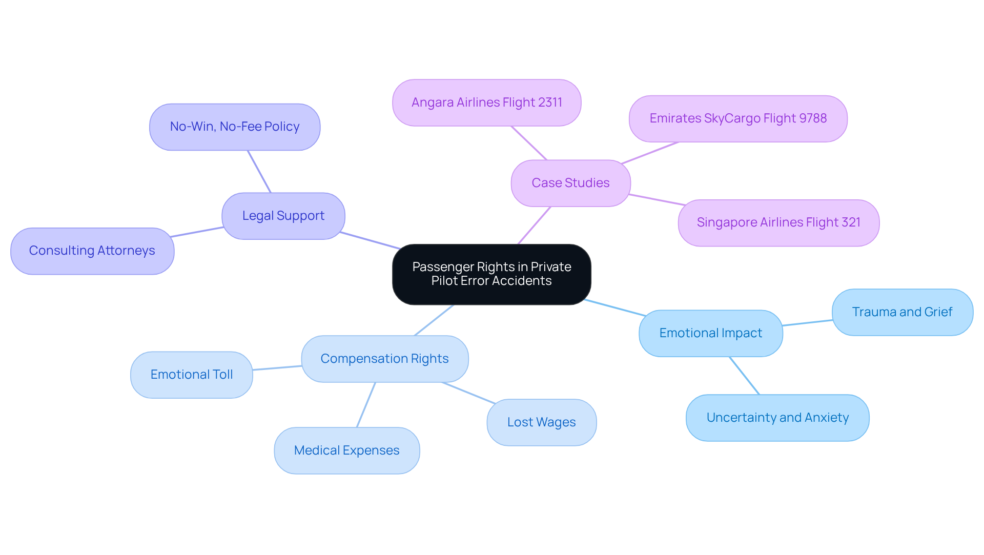 This mindmap illustrates the various aspects of passenger rights following private pilot error accidents. Start at the center with the main topic, then explore the branches to see how emotional impacts, compensation rights, legal support, and case studies are interconnected. Each branch represents a key area of concern for victims, helping you understand your rights and options. This mindmap illustrates the various aspects of passenger rights following private pilot error accidents. Start at the center with the main topic, then explore the branches to see how emotional impacts, compensation rights, legal support, and case studies are interconnected. Each branch represents a key area of concern for victims, helping you understand your rights and options.