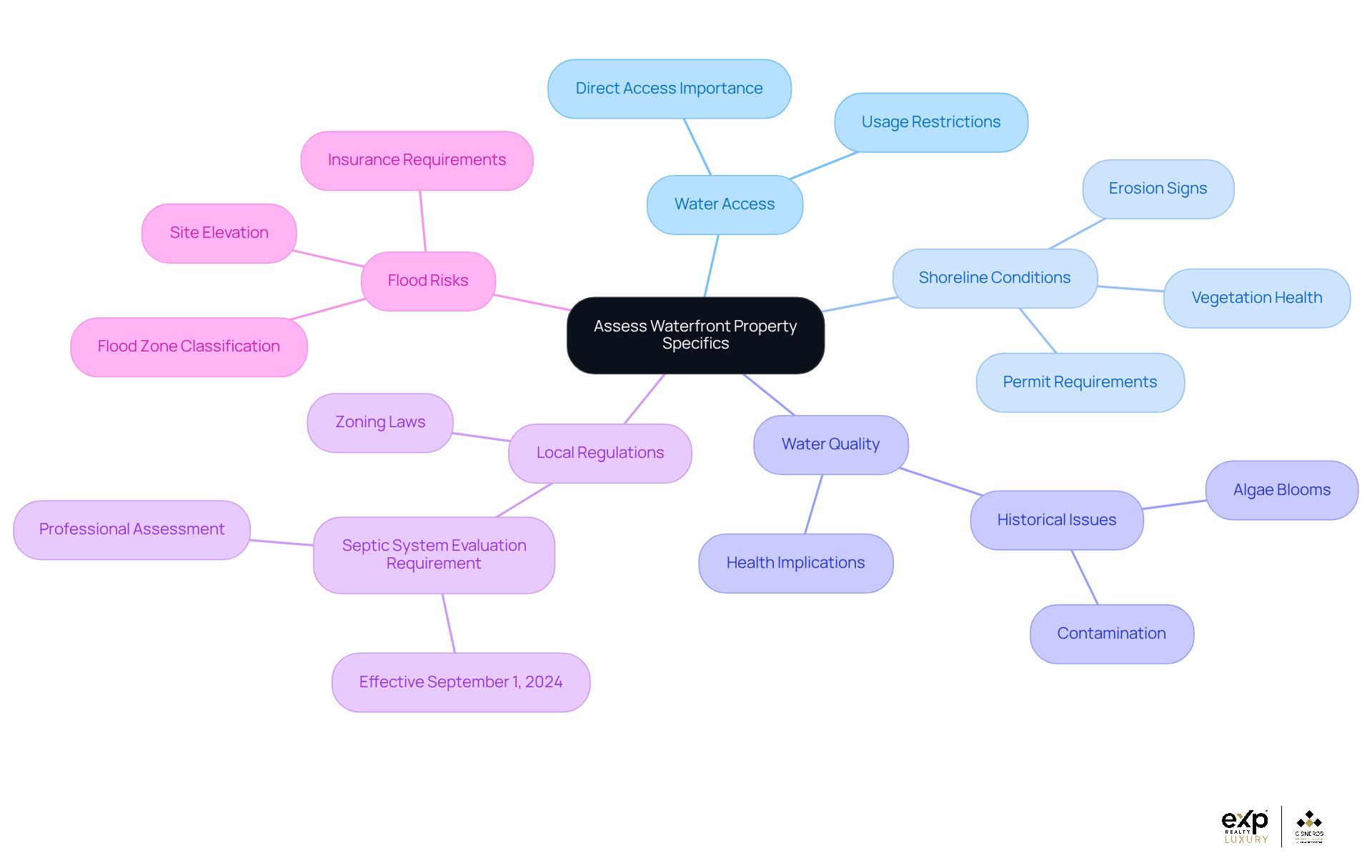 The central node represents the overall theme of assessing waterfront properties. Each branch highlights a key area to consider, with further details branching out to provide specific points to evaluate.