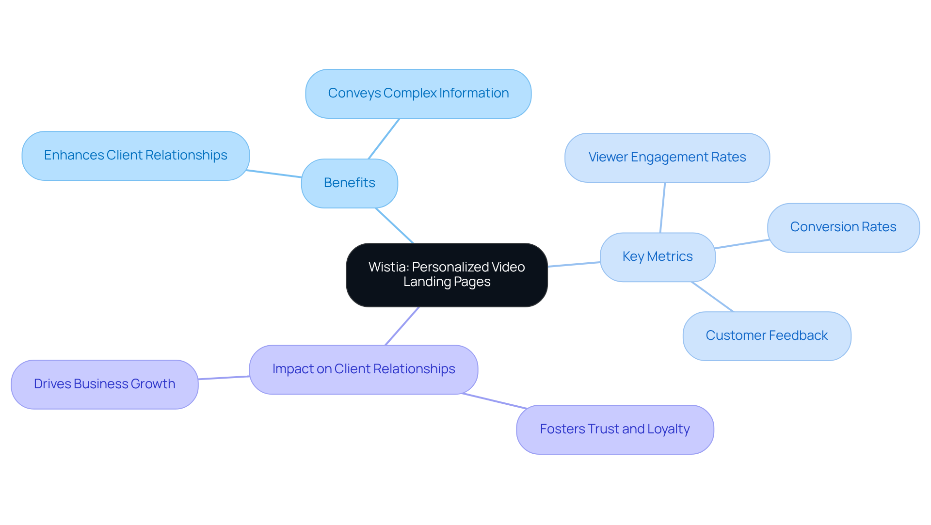 The center shows Wistia's service, with branches illustrating how it benefits financial advisors and metrics to measure success. Each branch helps you see how everything connects.