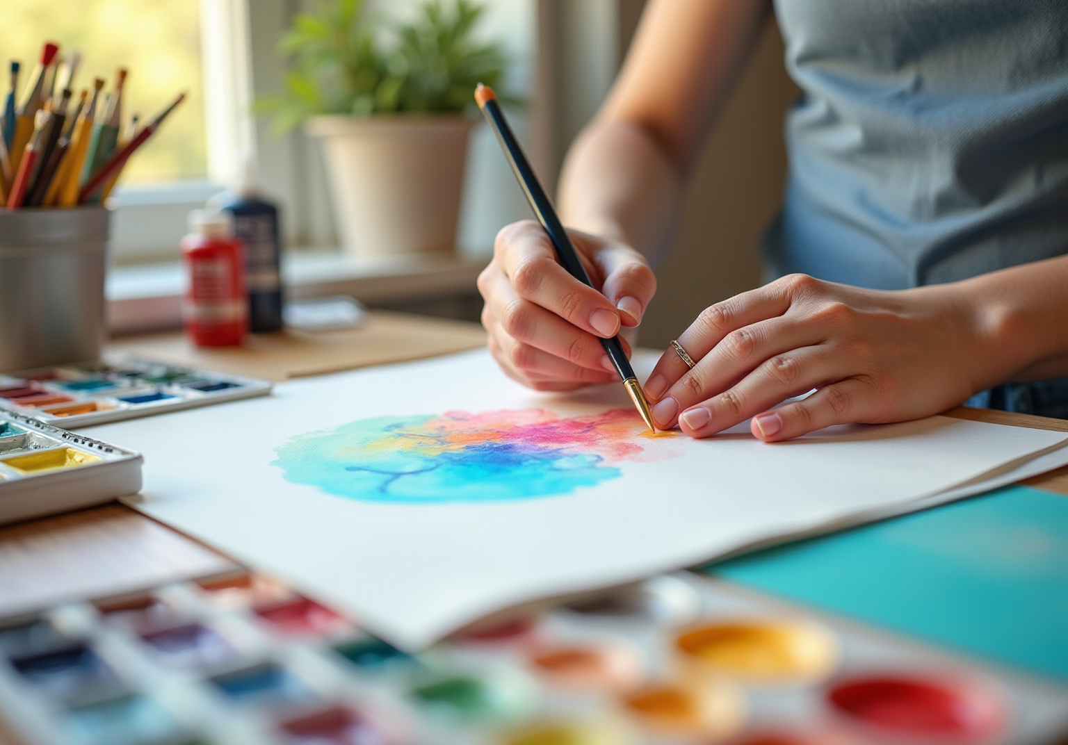 Beginner Artist Engaging with Watercolors Beginner Artist Engaging with Watercolors