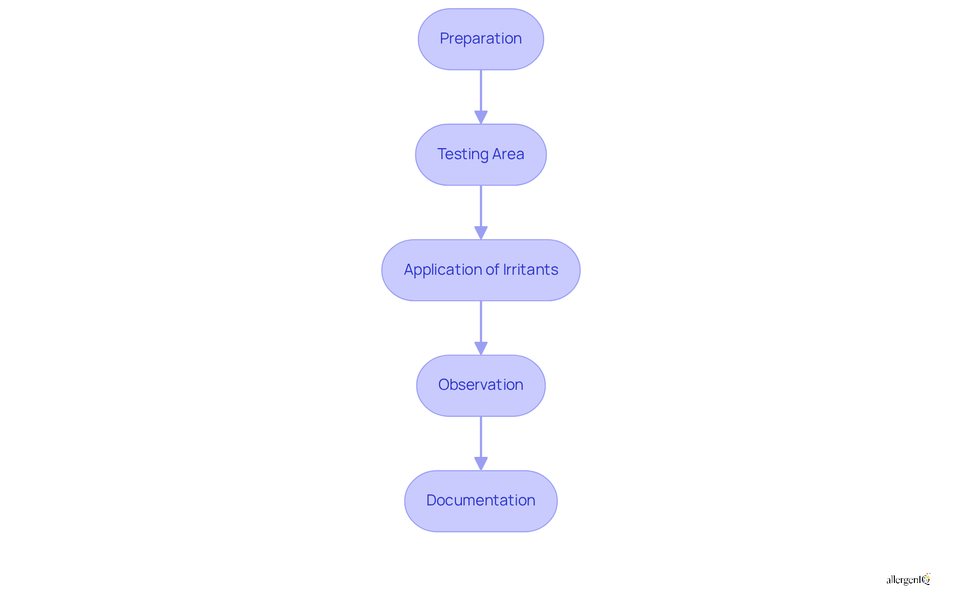 Each box represents a step in the allergy skin testing process. Follow the arrows to see how each step leads to the next, from preparation to documentation.