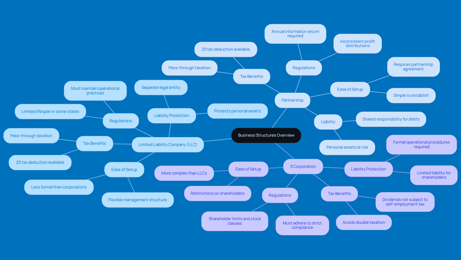 Each branch represents a different business structure, with sub-branches highlighting important aspects. The colors help distinguish between the structures, making it easier to see their unique features and how they relate to each other. Each branch represents a different business structure, with sub-branches highlighting important aspects. The colors help distinguish between the structures, making it easier to see their unique features and how they relate to each other.