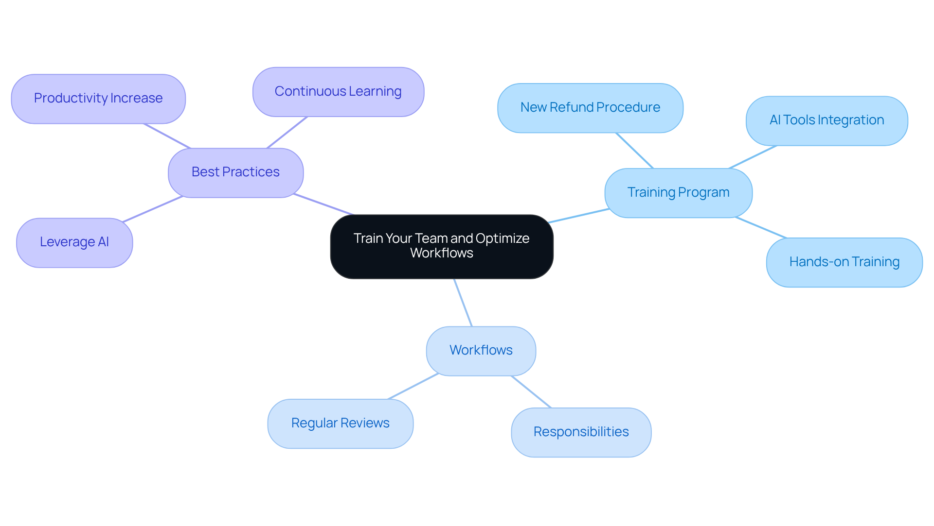 The central node represents the main focus of the training and optimization efforts, while the branches show the key components and practices that contribute to improving efficiency in returns processing.