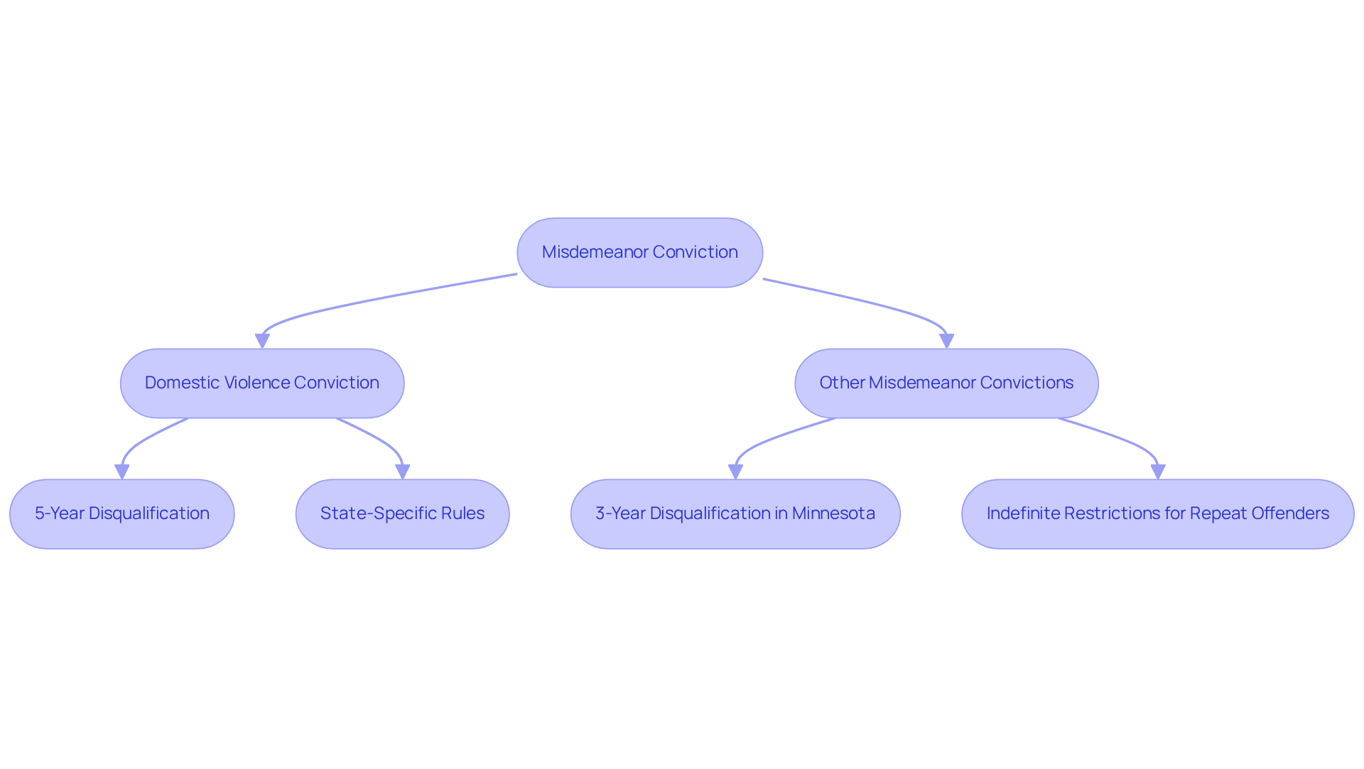 This flowchart helps you understand how different misdemeanor convictions affect your ability to own a weapon. Follow the arrows to see the consequences of domestic violence convictions versus other misdemeanors, and learn about the timeframes for disqualification and potential reinstatement of rights. This flowchart helps you understand how different misdemeanor convictions affect your ability to own a weapon. Follow the arrows to see the consequences of domestic violence convictions versus other misdemeanors, and learn about the timeframes for disqualification and potential reinstatement of rights.