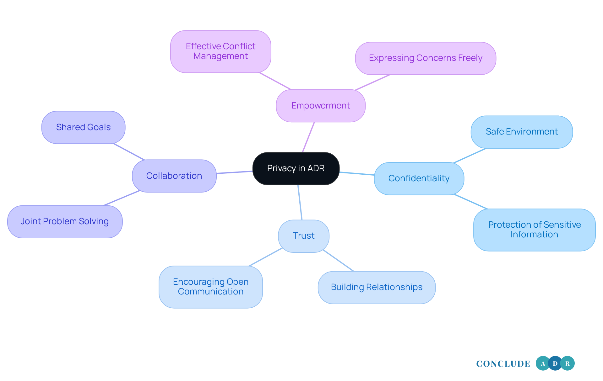 The central node represents the main theme of privacy in ADR, while the branches illustrate the various advantages and concepts related to maintaining confidentiality during dispute resolution.