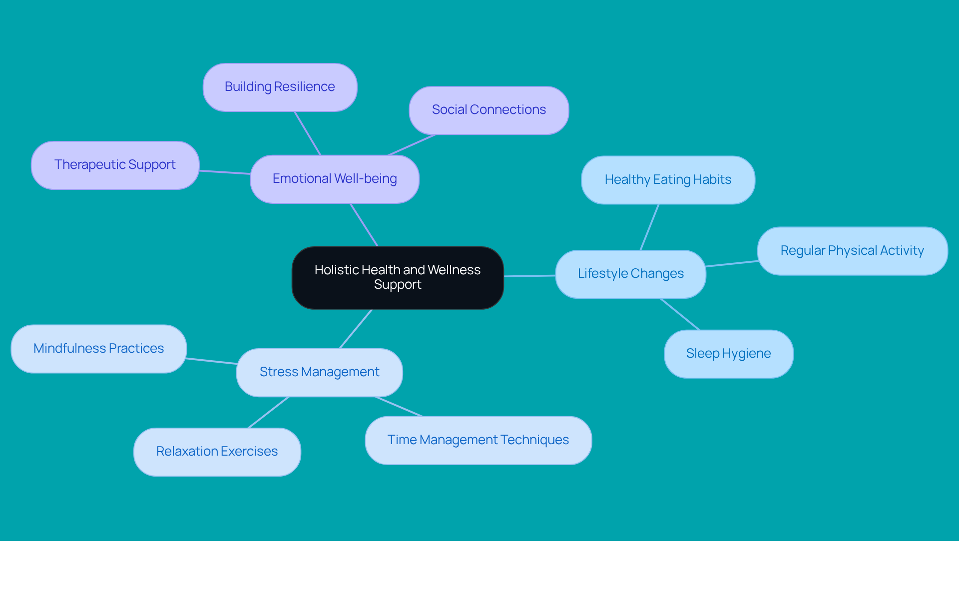 Start at the center with the main theme of holistic health, then follow the branches to see each key area of support and how they contribute to your overall wellness journey.
