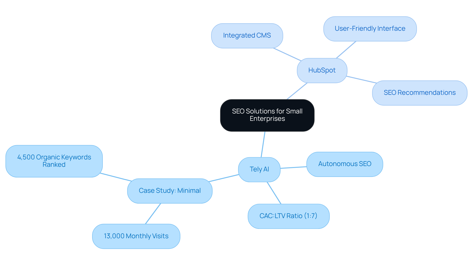 The central node represents the overall topic. Each branch shows a different solution, with sub-branches detailing their features and outcomes. This layout helps visualize how each platform supports small businesses in their SEO and marketing efforts.