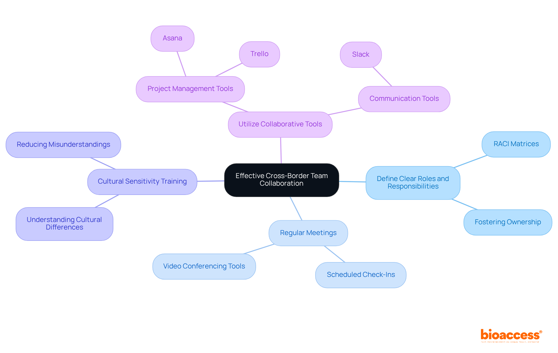 The central node represents the main goal of collaboration, while each branch shows a strategy to achieve it. Follow the branches to explore each strategy and its importance in fostering teamwork across different countries.
