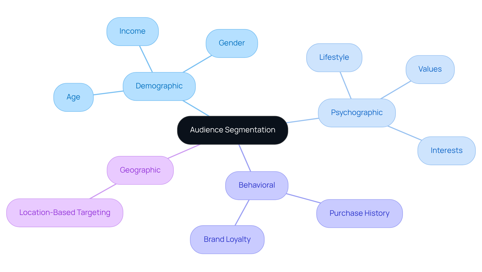 The central node represents audience segmentation, while the branches show different types of segments. Each sub-branch provides specific details about what each segment includes, helping marketers understand how to tailor their strategies.