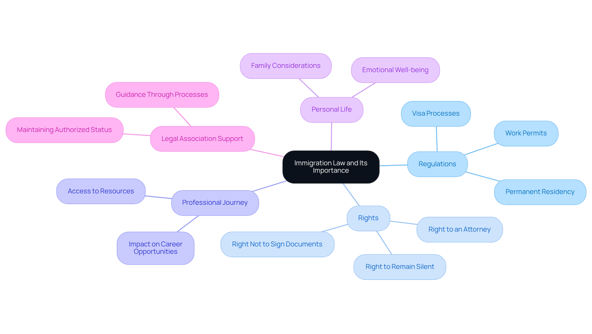 The center shows immigration law as the main topic, with branches leading to related themes that outline its significance and how it affects medical professionals and their rights.