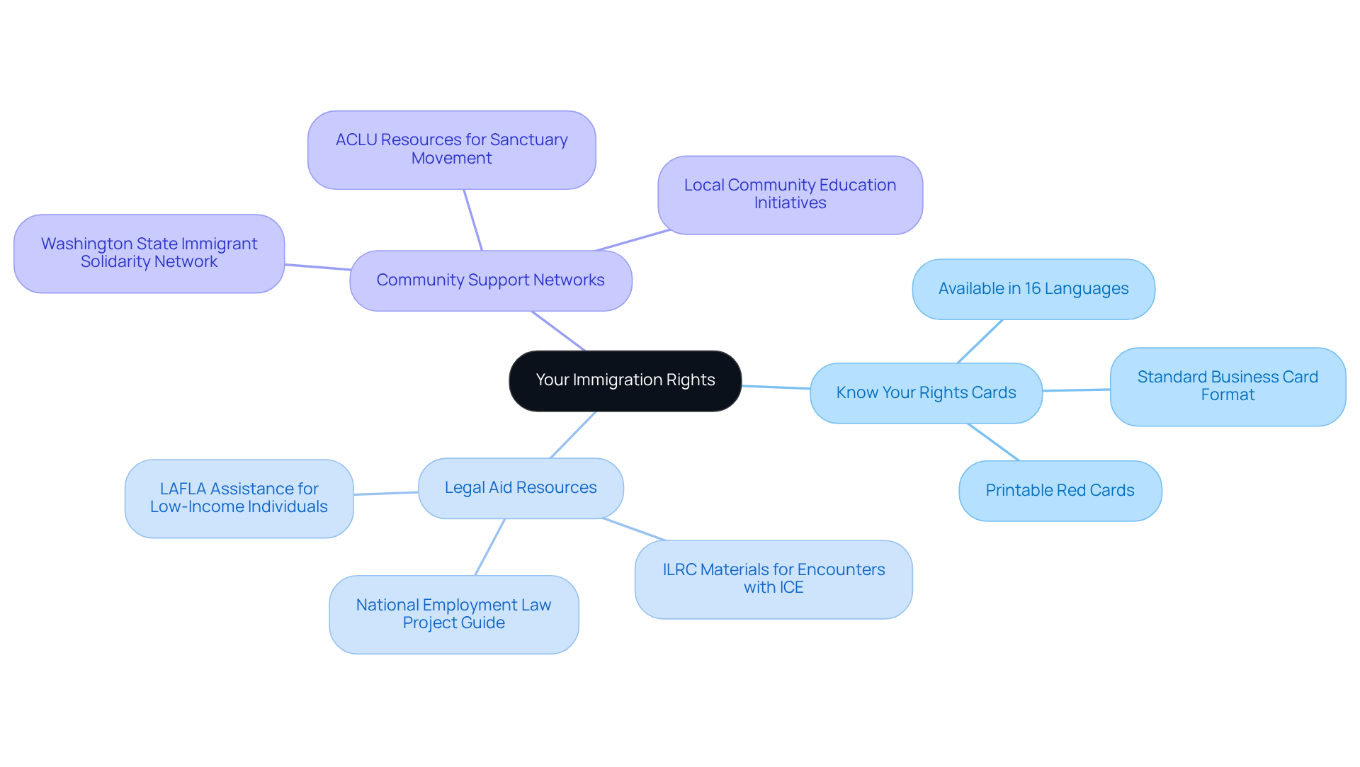 This mindmap shows the key legal tools you need to know about your immigration rights. Start at the center with the main topic, then follow the branches to see each tool and what it offers. Each color represents a different tool, making it easy to understand how they connect to your rights.