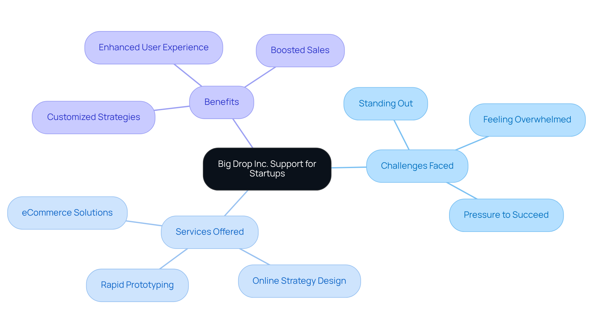 The central node represents Big Drop Inc.'s role in supporting startups. Each branch shows the challenges, services, and benefits, helping you understand how they connect and support each other.