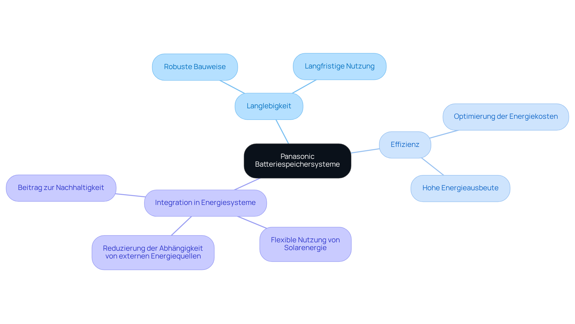 Im Zentrum steht Panasonic's Angebot an Batteriespeichersystemen. Die Äste zeigen die Hauptvorteile und Anwendungen, die Unternehmen helfen, ihre Energiekosten zu optimieren und nachhaltiger zu arbeiten.