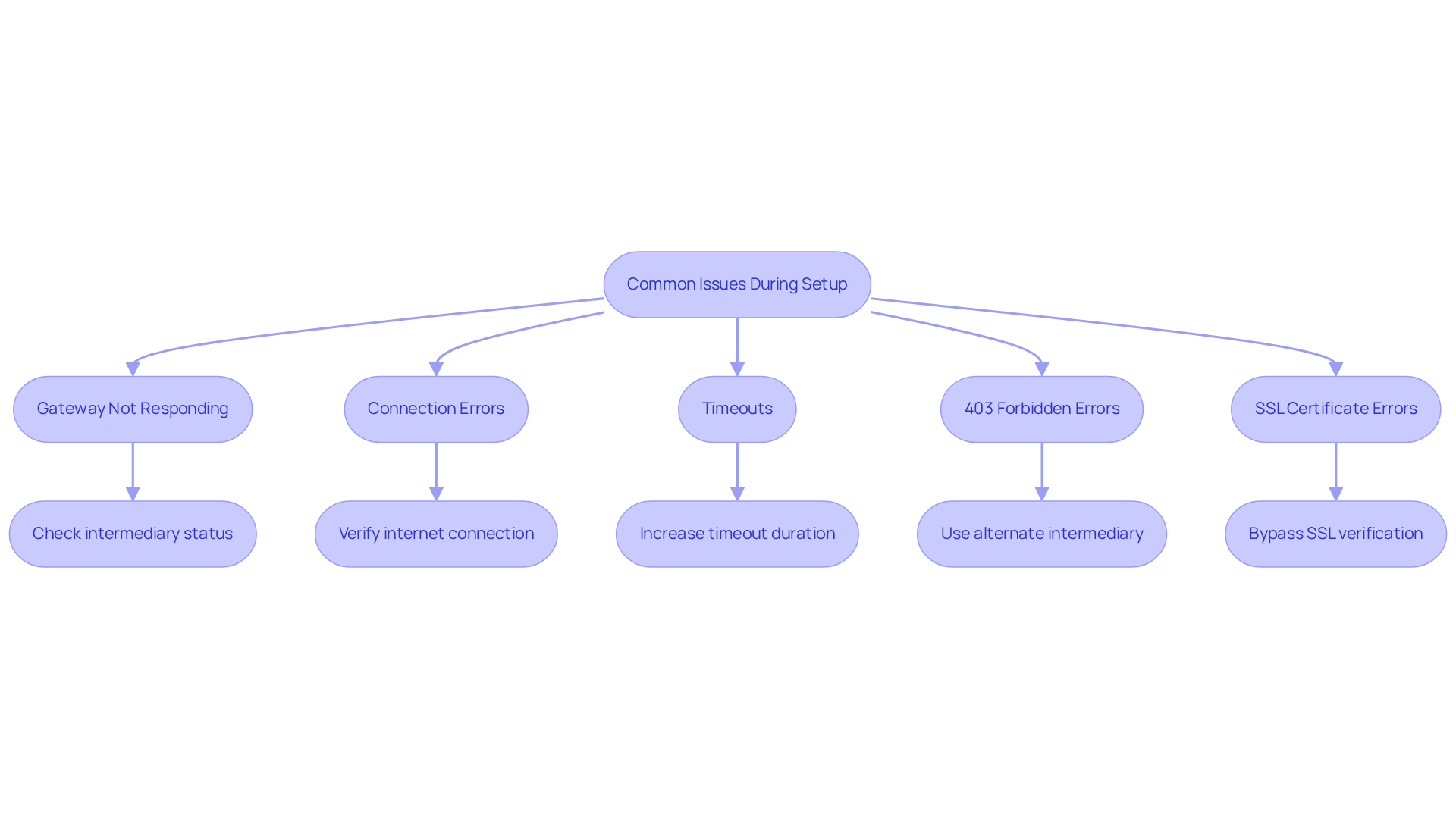 Each box represents a common issue you might face while setting up your proxy server. Follow the arrows to see the recommended solutions for each problem.