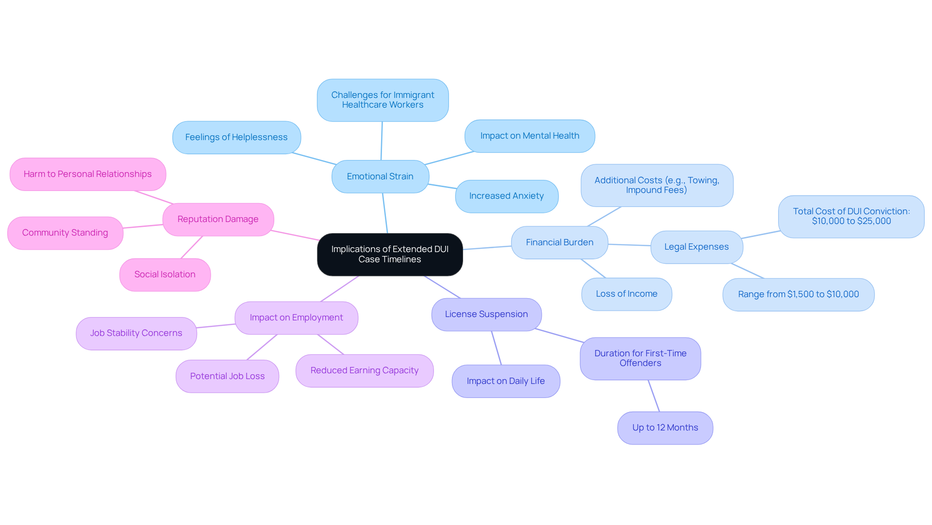 The central node represents the main topic, while each branch highlights a specific implication. Follow the branches to explore how each area affects defendants and their families.