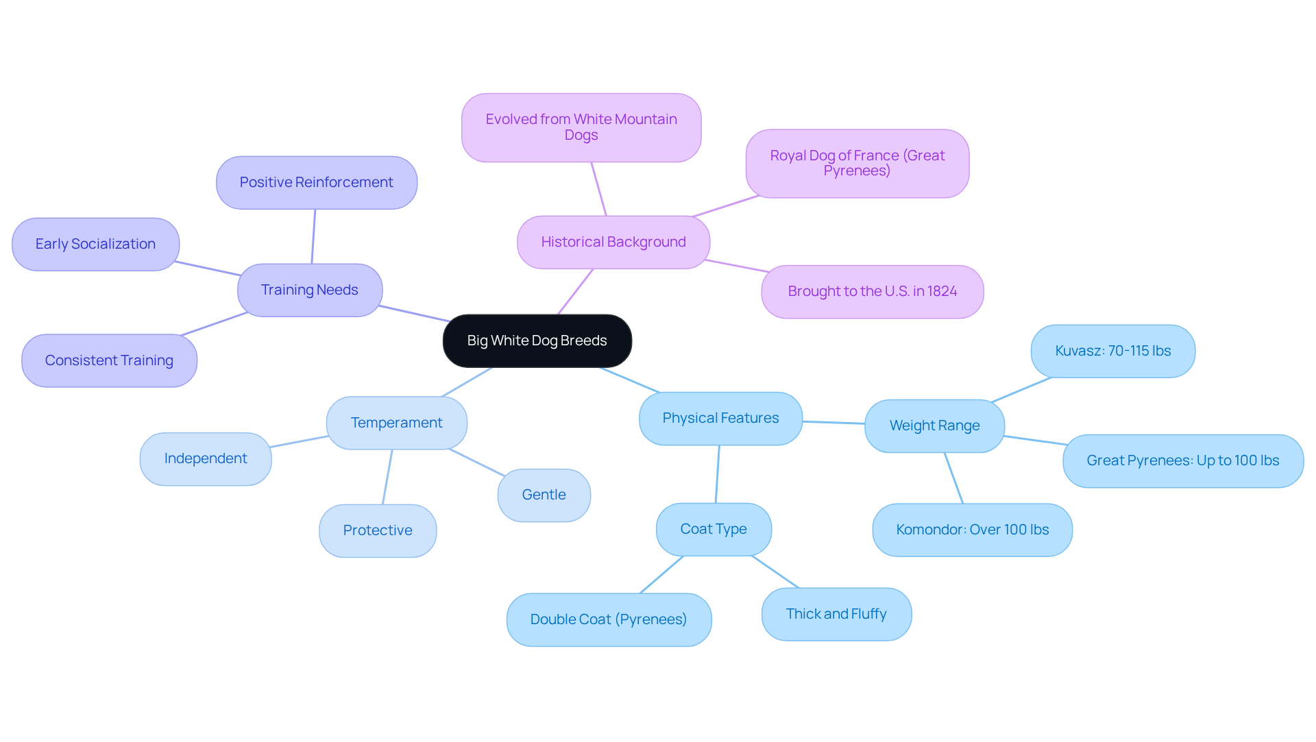 The central node shows the main topic, while branches represent different characteristics of big white dog breeds. Each sub-branch provides specific details about each aspect, helping you understand the unique features of these wonderful companions.