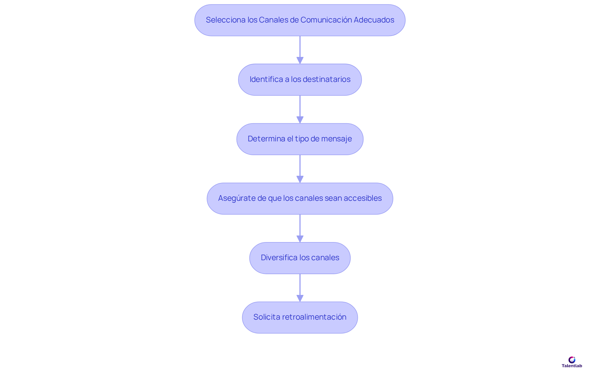 Cada cuadro representa un paso en el proceso de selección de canales de comunicación. Sigue las flechas para entender cómo avanzar de un paso al siguiente y asegurar una comunicación efectiva en la empresa.