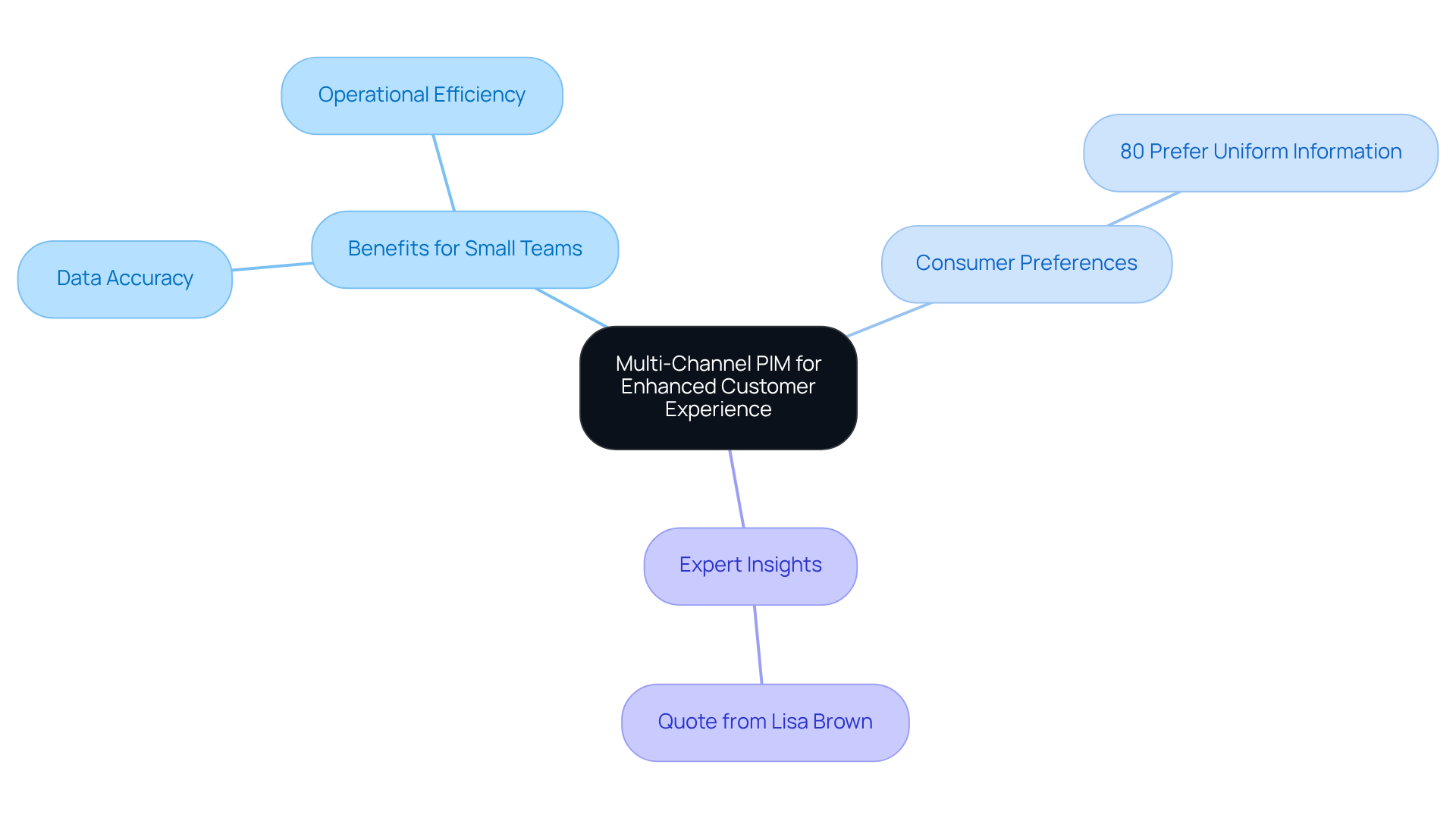 The center represents the main topic of multi-channel PIM, with branches showing its benefits, consumer preferences, and expert opinions. Each branch helps you understand how these elements connect to improve customer experience.