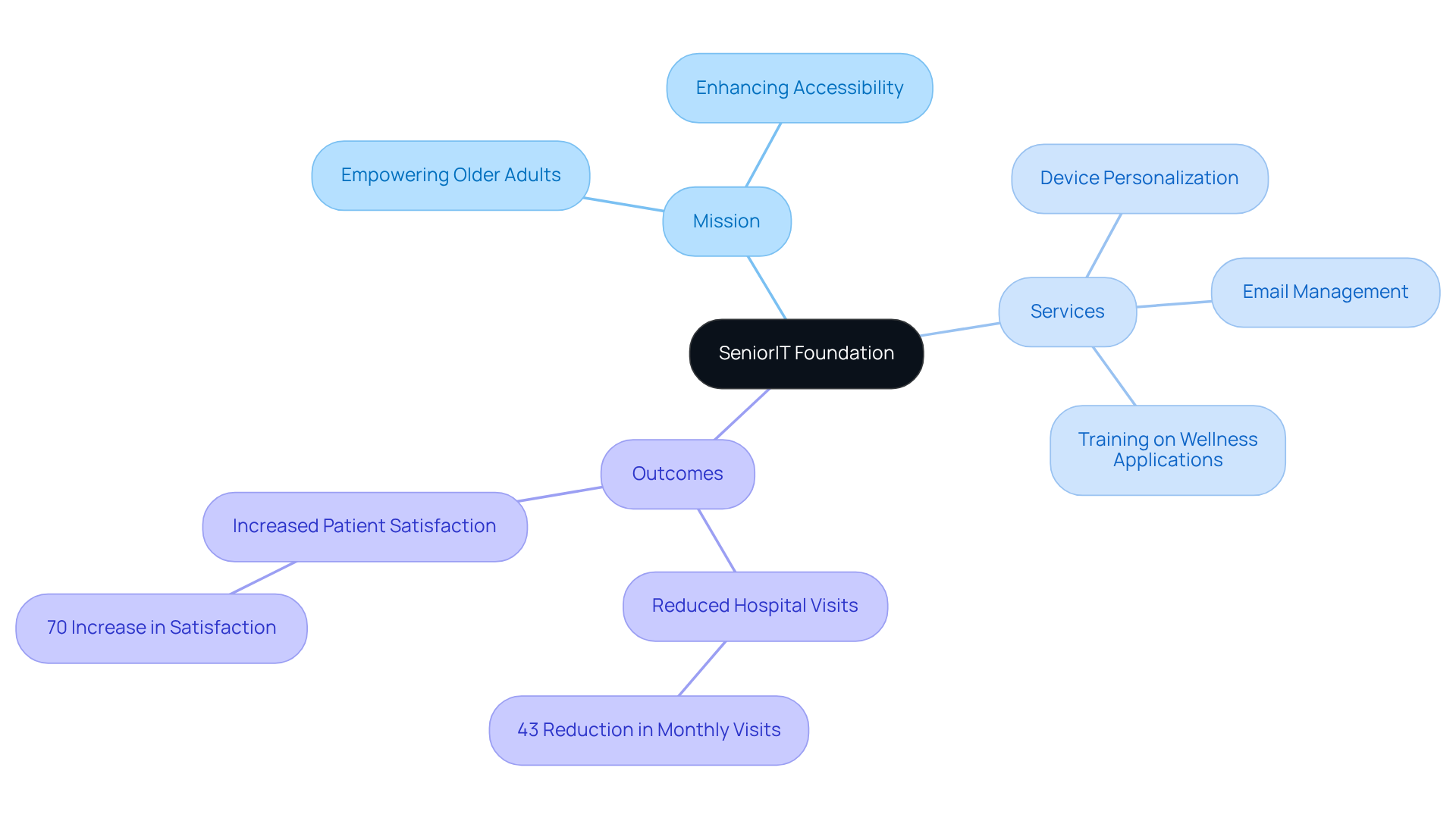 The center of the mindmap represents the foundation's overall goal. The branches show key areas of focus, with further details illustrating how they support older adults in the digital world.