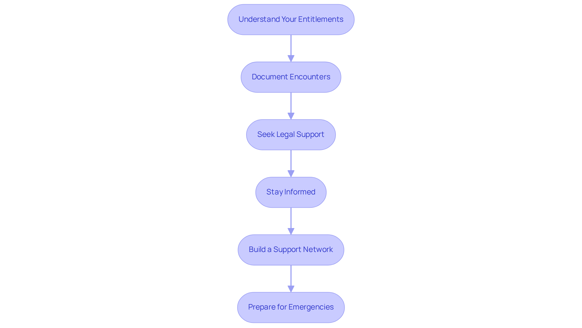 Each box represents a crucial step you can take to safeguard your rights. Follow the arrows to see the order in which you can take these actions, starting from understanding your rights to preparing for emergencies.