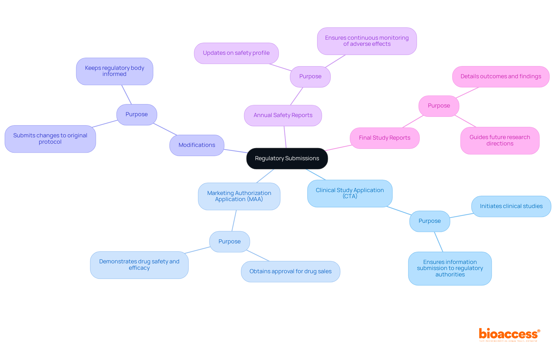 The central node represents the overall topic of regulatory submissions, while each branch details a specific type of submission and its importance in the drug development process.