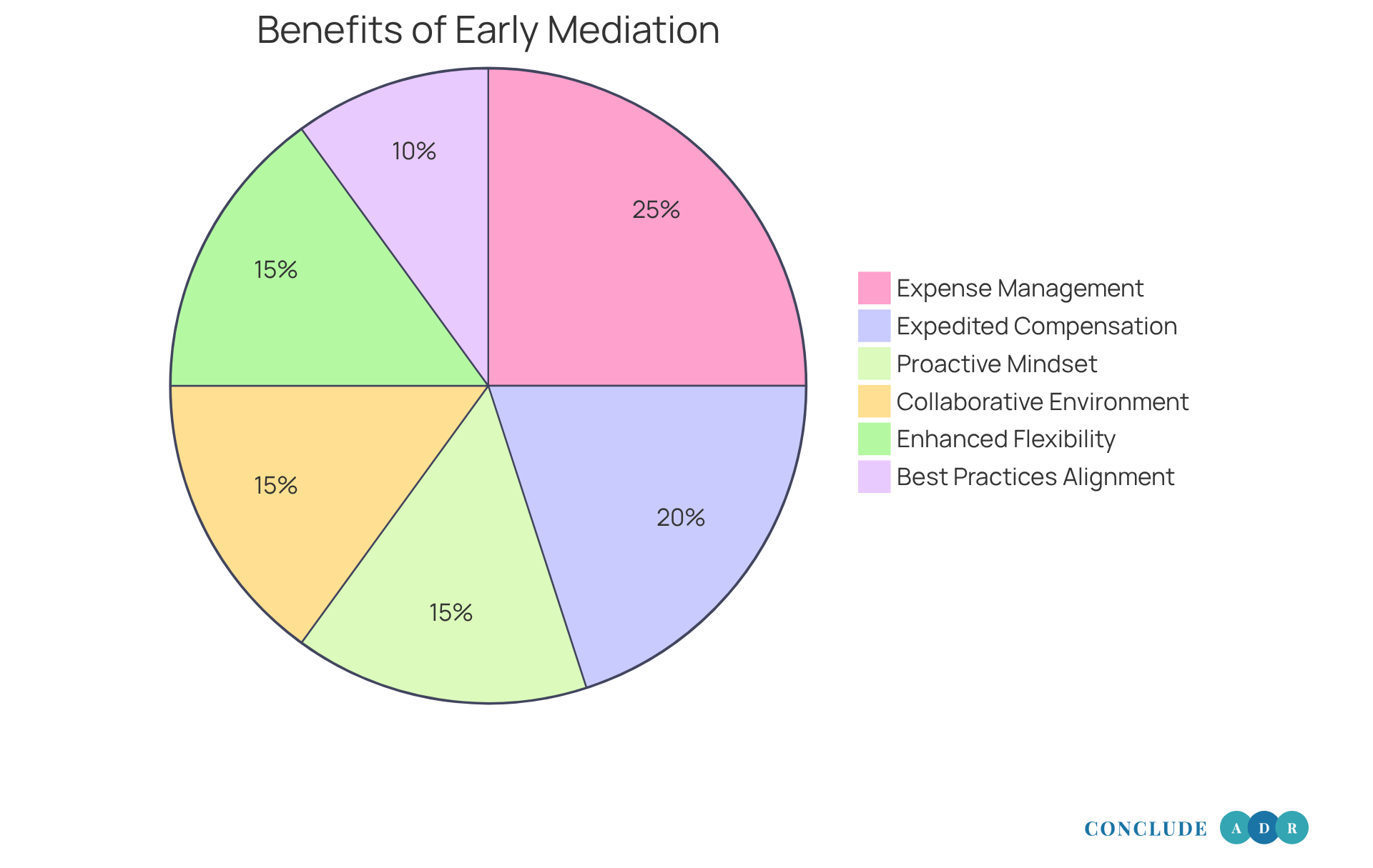 Each slice of the pie represents a key benefit of early mediation. The larger the slice, the more significant that benefit is in enhancing the conflict resolution process.