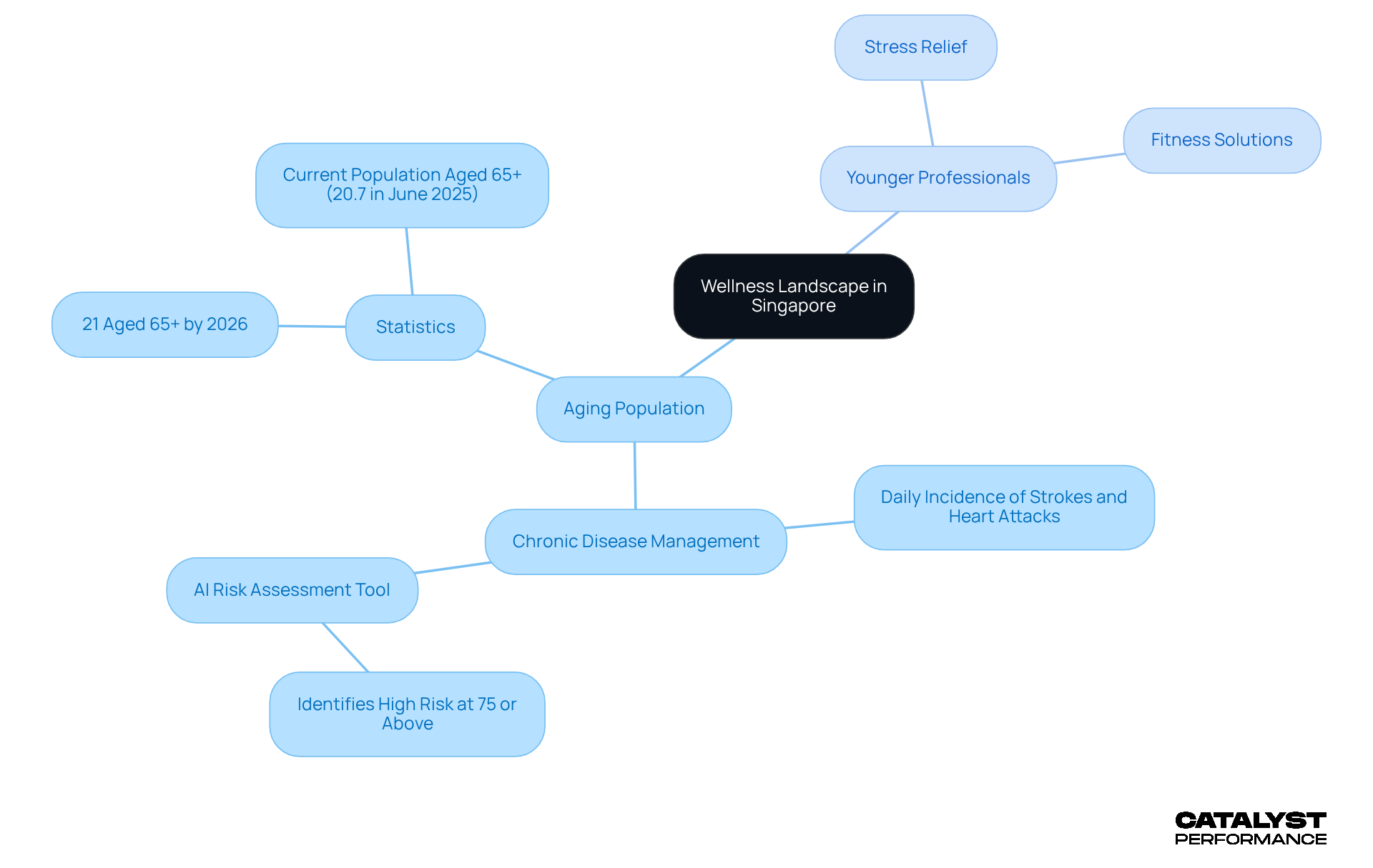 The central node represents the overall wellness landscape, while the branches show the specific challenges and needs of different age groups. Each sub-branch highlights key points that contribute to a comprehensive understanding of health in Singapore. The central node represents the overall wellness landscape, while the branches show the specific challenges and needs of different age groups. Each sub-branch highlights key points that contribute to a comprehensive understanding of health in Singapore.