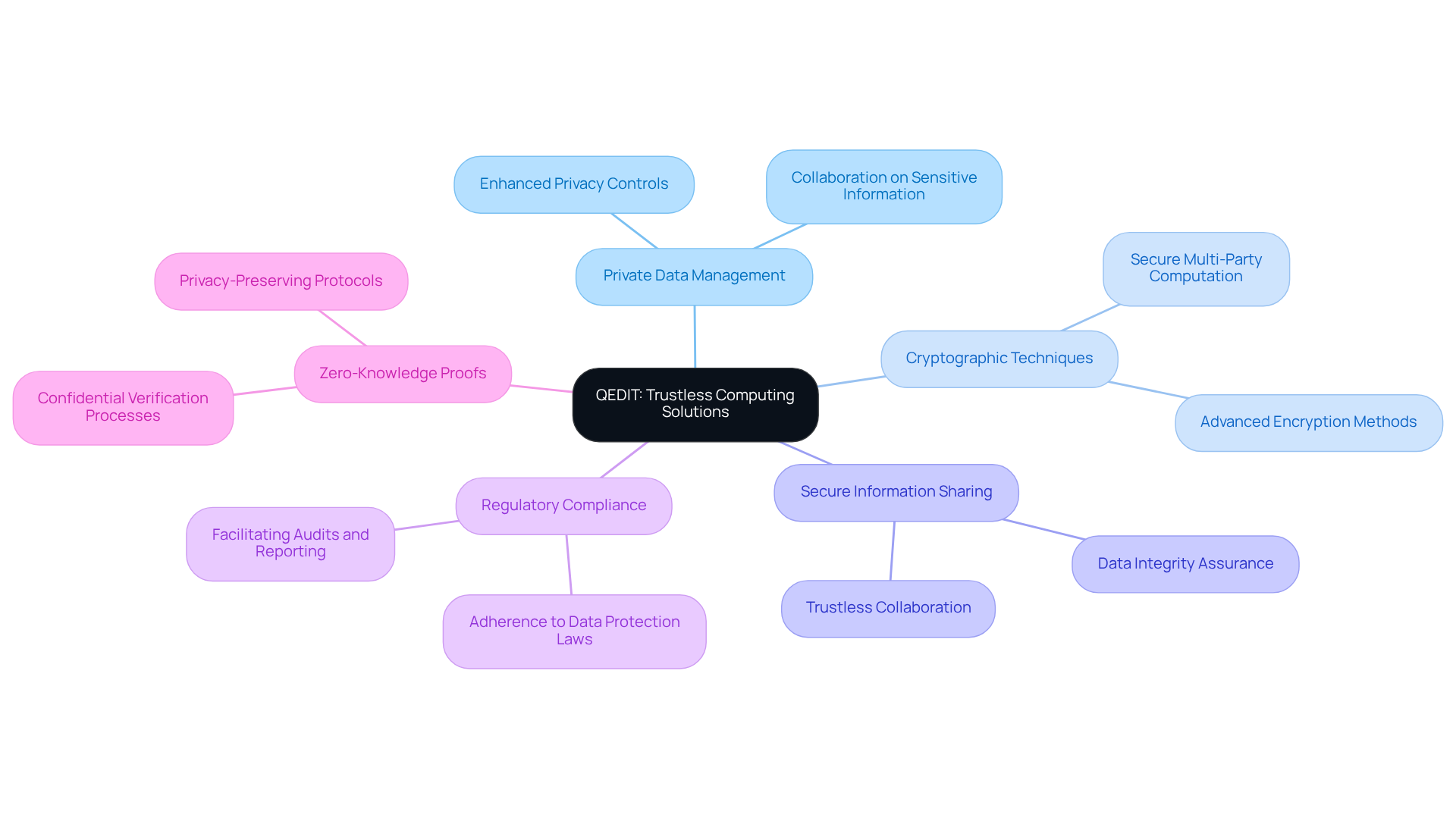 The central node represents QEDIT's main focus, while the branches illustrate the various aspects of their solutions. Each branch highlights a key area of their technology and its importance in managing private data. The central node represents QEDIT's main focus, while the branches illustrate the various aspects of their solutions. Each branch highlights a key area of their technology and its importance in managing private data.