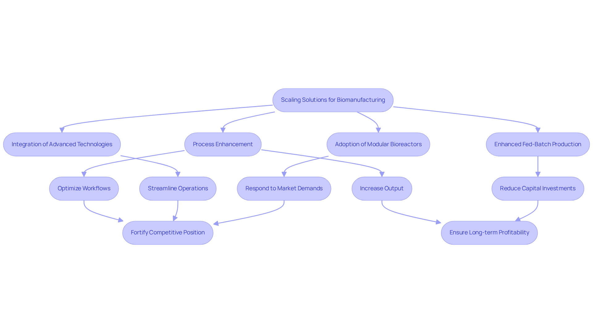 Each box represents a strategy for scaling solutions. Follow the arrows to see how each strategy connects and contributes to cost-effective biomanufacturing.
