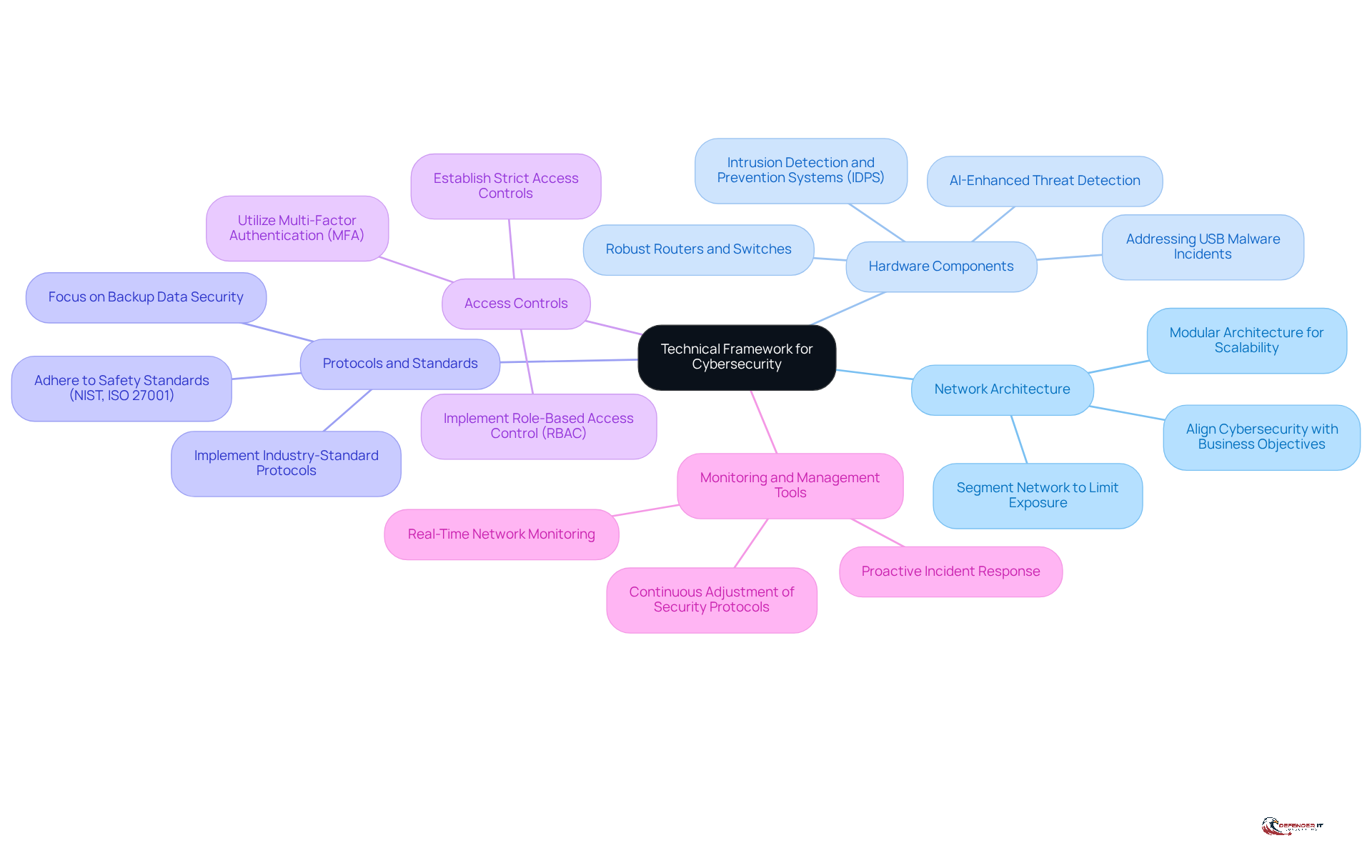 This mindmap starts with the main idea of establishing a technical framework for cybersecurity. Each branch represents a crucial component of that framework, and the sub-branches provide additional details on what needs to be considered within each area. Follow the branches to see how each part connects to the overall goal of protecting manufacturing operations from cyber threats. This mindmap starts with the main idea of establishing a technical framework for cybersecurity. Each branch represents a crucial component of that framework, and the sub-branches provide additional details on what needs to be considered within each area. Follow the branches to see how each part connects to the overall goal of protecting manufacturing operations from cyber threats.