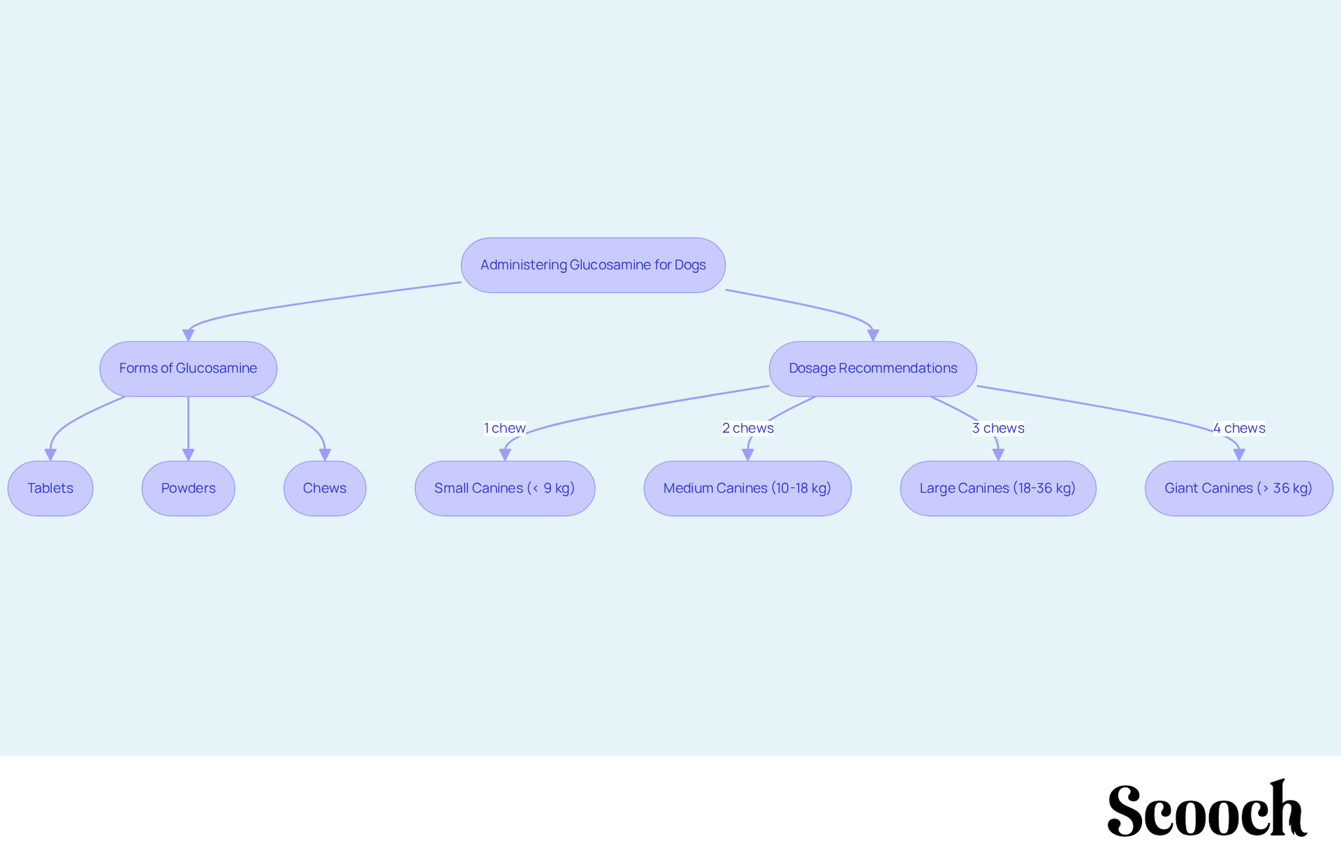 Follow the flow from the top to see how to choose the right form and dosage for your dog based on their weight. Each box provides important information to help you keep your furry friend healthy.