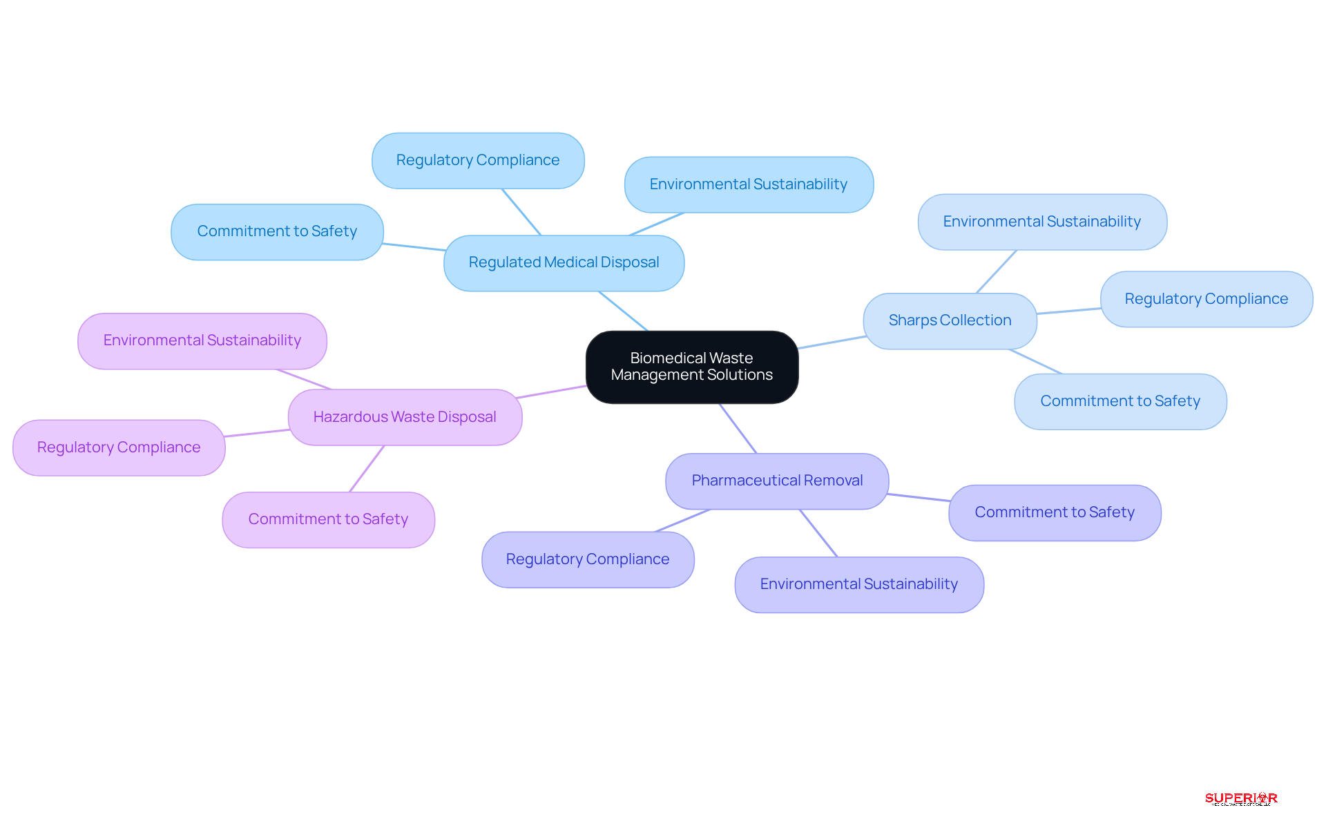 The central node represents the main theme of biomedical waste management, while the branches show the specific services offered. Each color-coded branch highlights a different aspect of the service portfolio, making it easy to understand the comprehensive nature of the solutions provided. The central node represents the main theme of biomedical waste management, while the branches show the specific services offered. Each color-coded branch highlights a different aspect of the service portfolio, making it easy to understand the comprehensive nature of the solutions provided.
