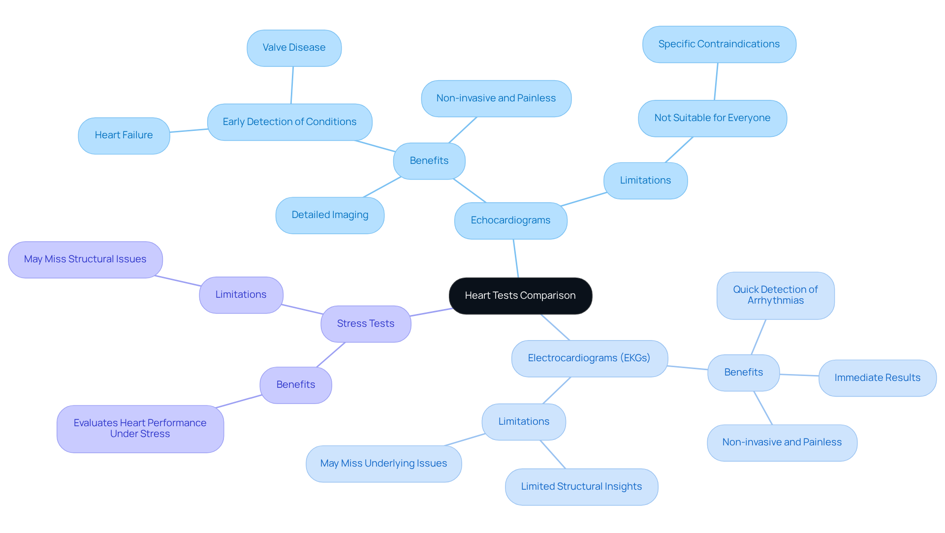 The central node represents the overall topic, while each branch shows a different type of heart test. The sub-branches highlight what each test does well and where it may fall short, helping you understand your options better.