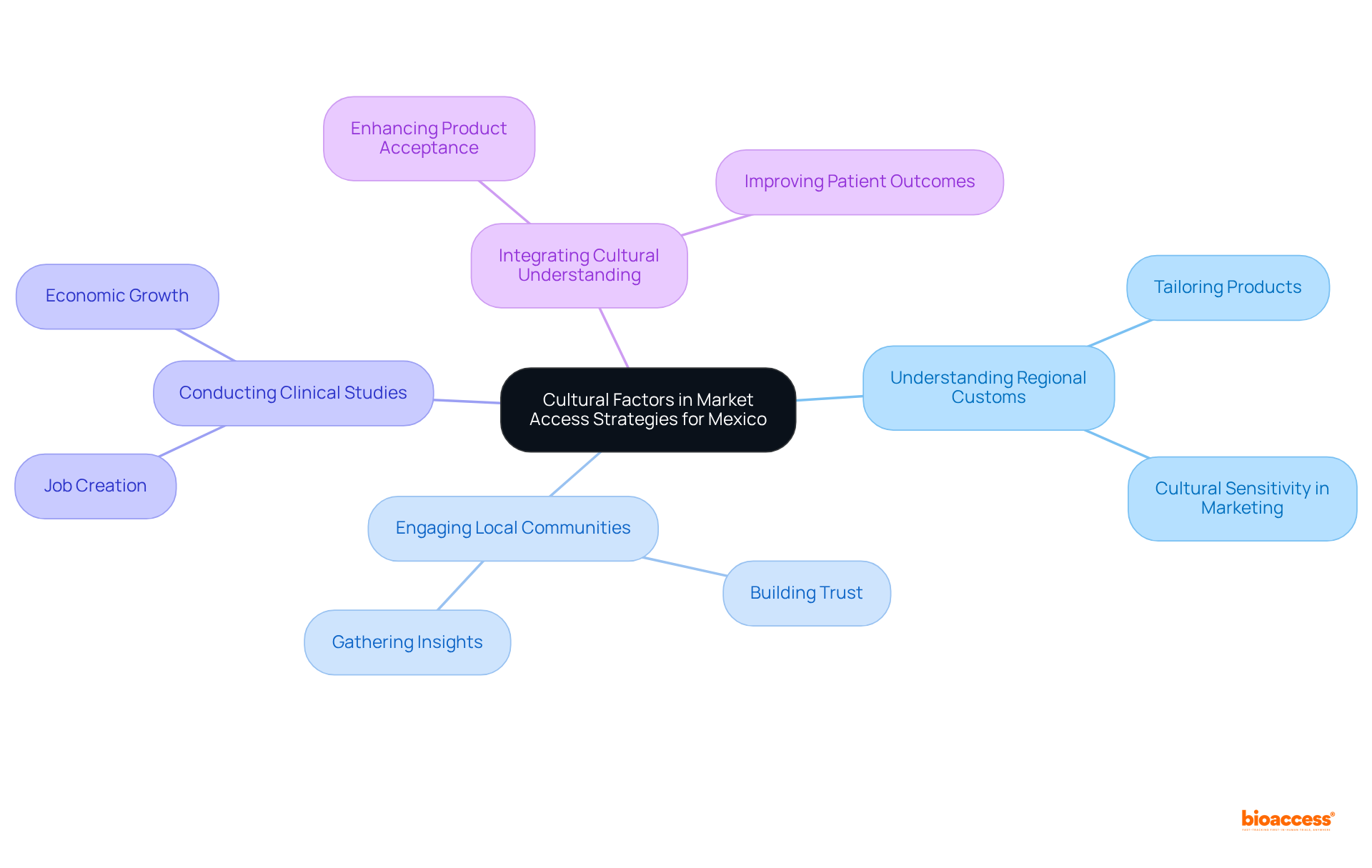 At the center is the main theme of cultural factors. Each branch shows a different aspect of how culture influences market access, with further details on actions and benefits that stem from these considerations.