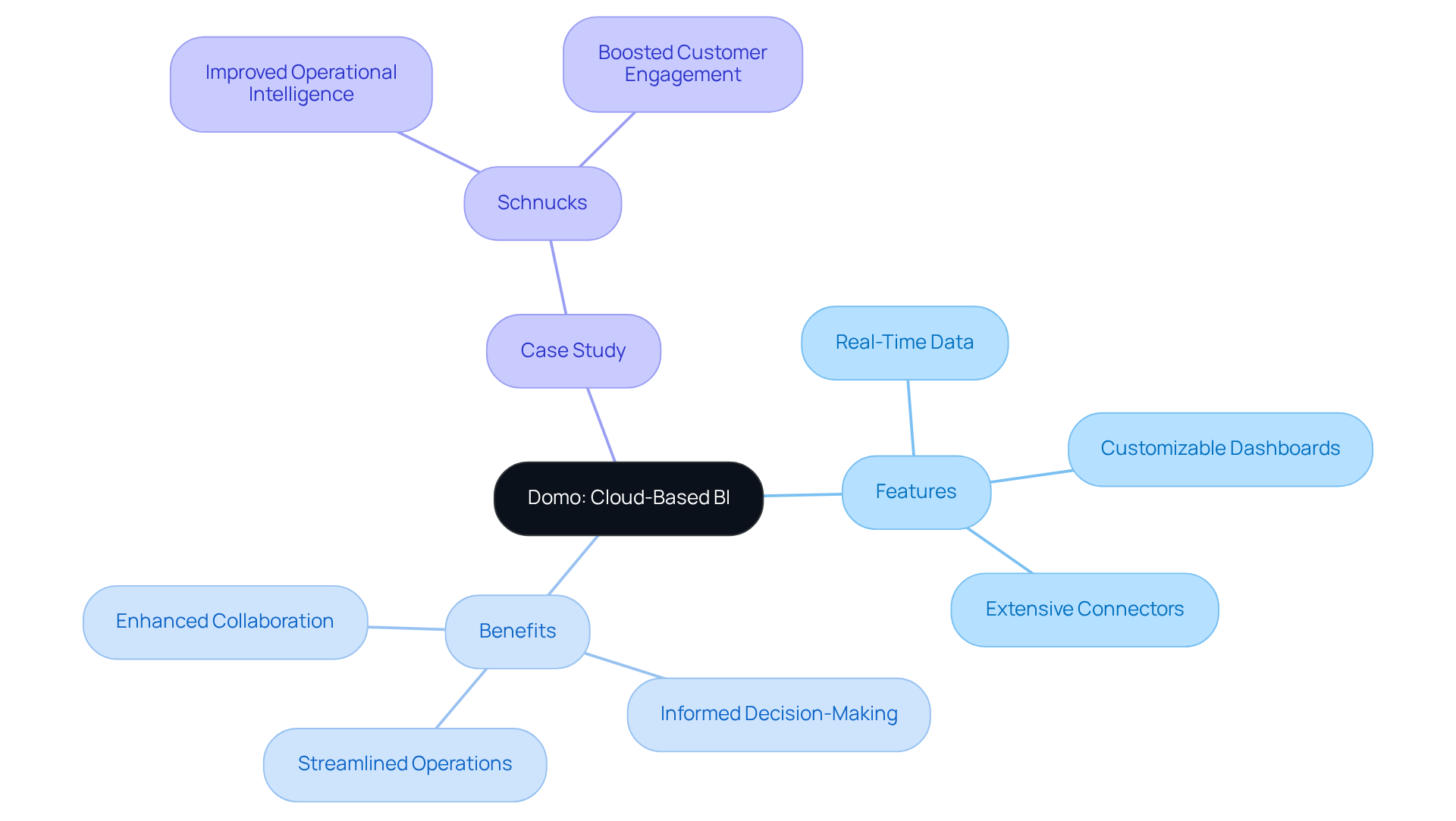 Start at the center with Domo, then explore its features, benefits, and a real-world example. Each branch shows how Domo can help organizations leverage data effectively.
