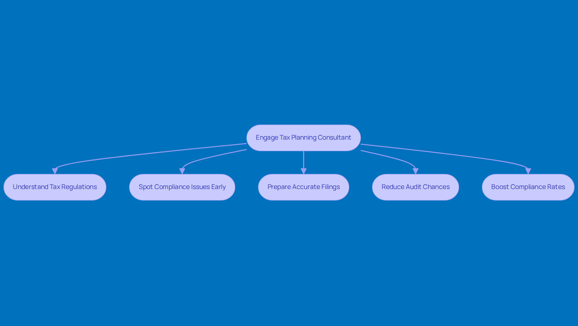 This flowchart shows how working with a tax consultant can help businesses navigate tax laws and avoid penalties. Each box represents a key benefit that follows from engaging a consultant, illustrating the positive impact on compliance and financial health. This flowchart shows how working with a tax consultant can help businesses navigate tax laws and avoid penalties. Each box represents a key benefit that follows from engaging a consultant, illustrating the positive impact on compliance and financial health.