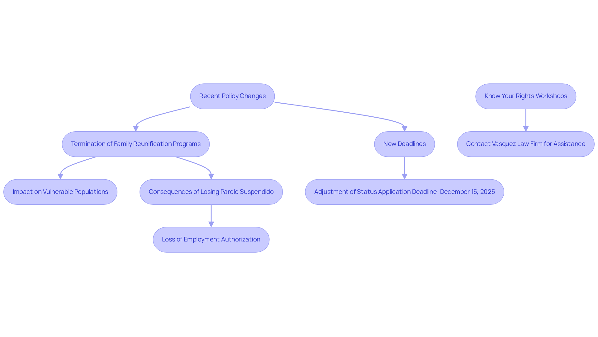 This flowchart shows the recent changes in immigration policy and their effects. Follow the arrows to understand how the changes impact individuals and what steps they can take to protect their rights.