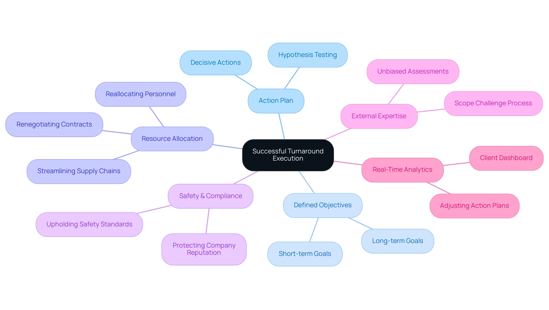 Each branch represents a critical element of turnaround execution, with sub-branches detailing the specific actions or considerations under each element.