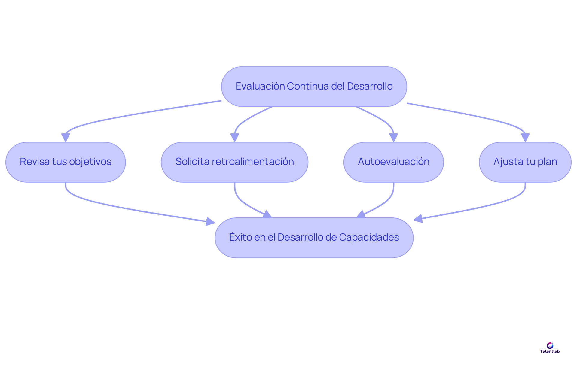 Cada cuadro representa un paso en el proceso de evaluación continua. Sigue las flechas para ver cómo cada estrategia se conecta y contribuye al éxito en el desarrollo de capacidades de liderazgo.