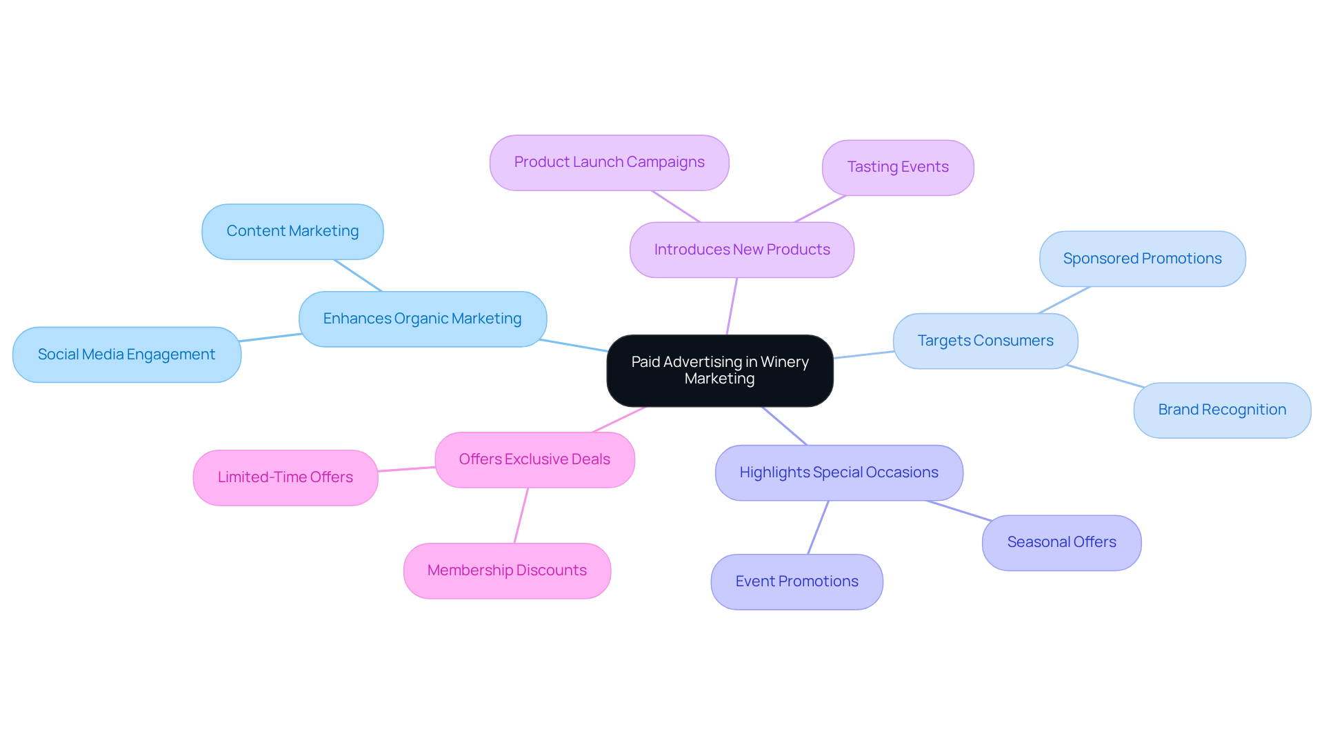 The center represents the main focus on paid advertising, while the branches highlight specific strategies and benefits that help wineries connect with customers and enhance their marketing efforts.