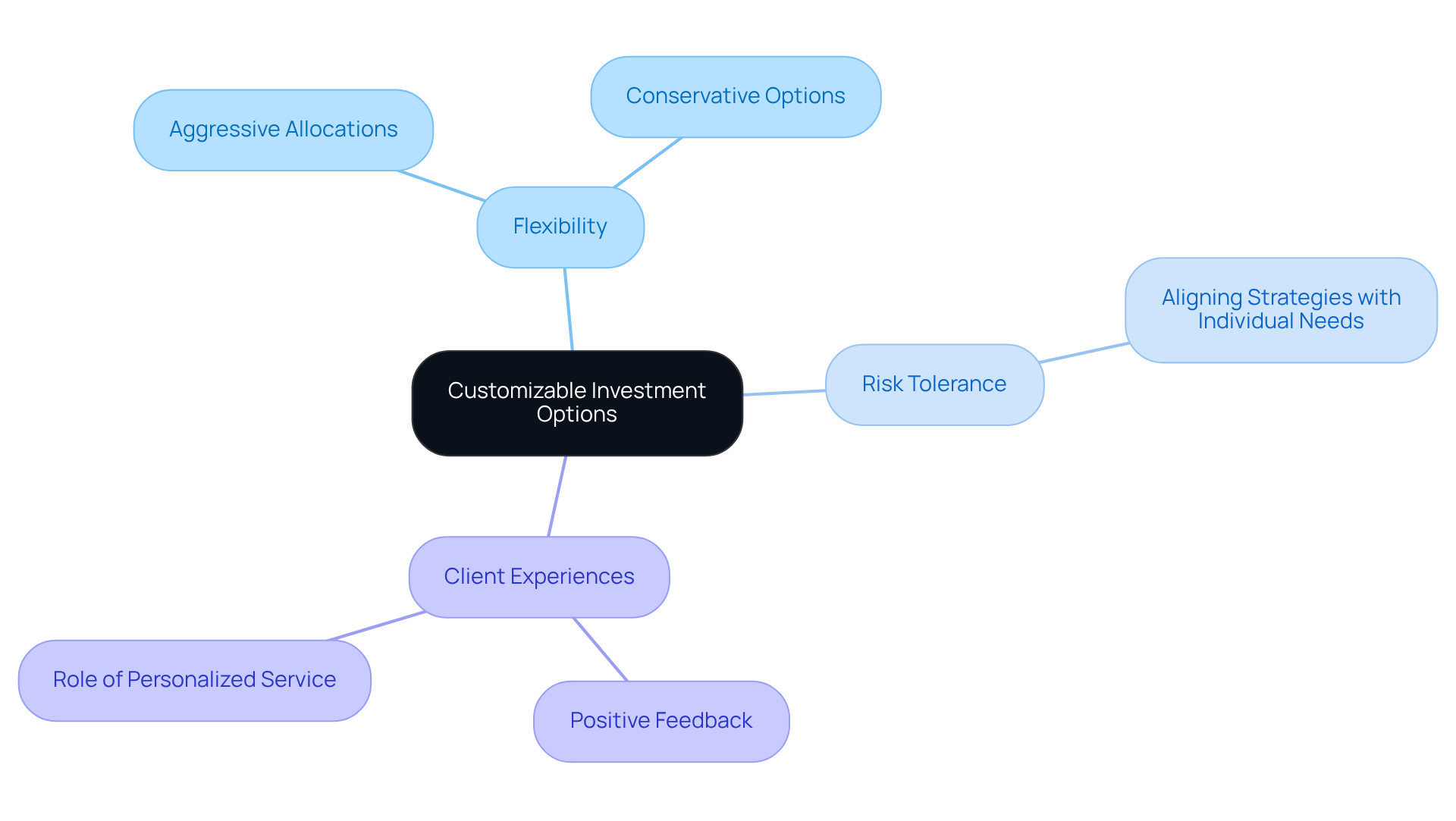 Start at the center with the main topic, then follow the branches to explore how flexibility, risk tolerance, and client experiences contribute to customizing investment strategies.