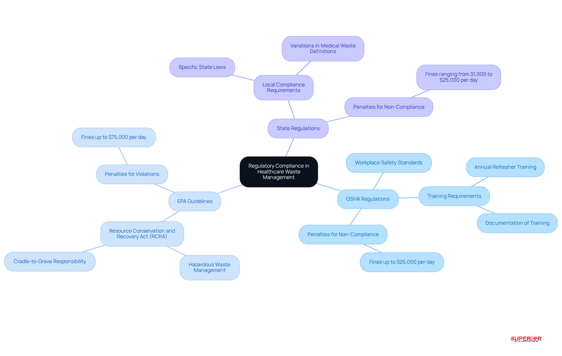 The central node represents the overall theme of regulatory compliance, while the branches show specific regulations and their implications. Each sub-branch provides details on safety standards, guidelines, and potential penalties for non-compliance.