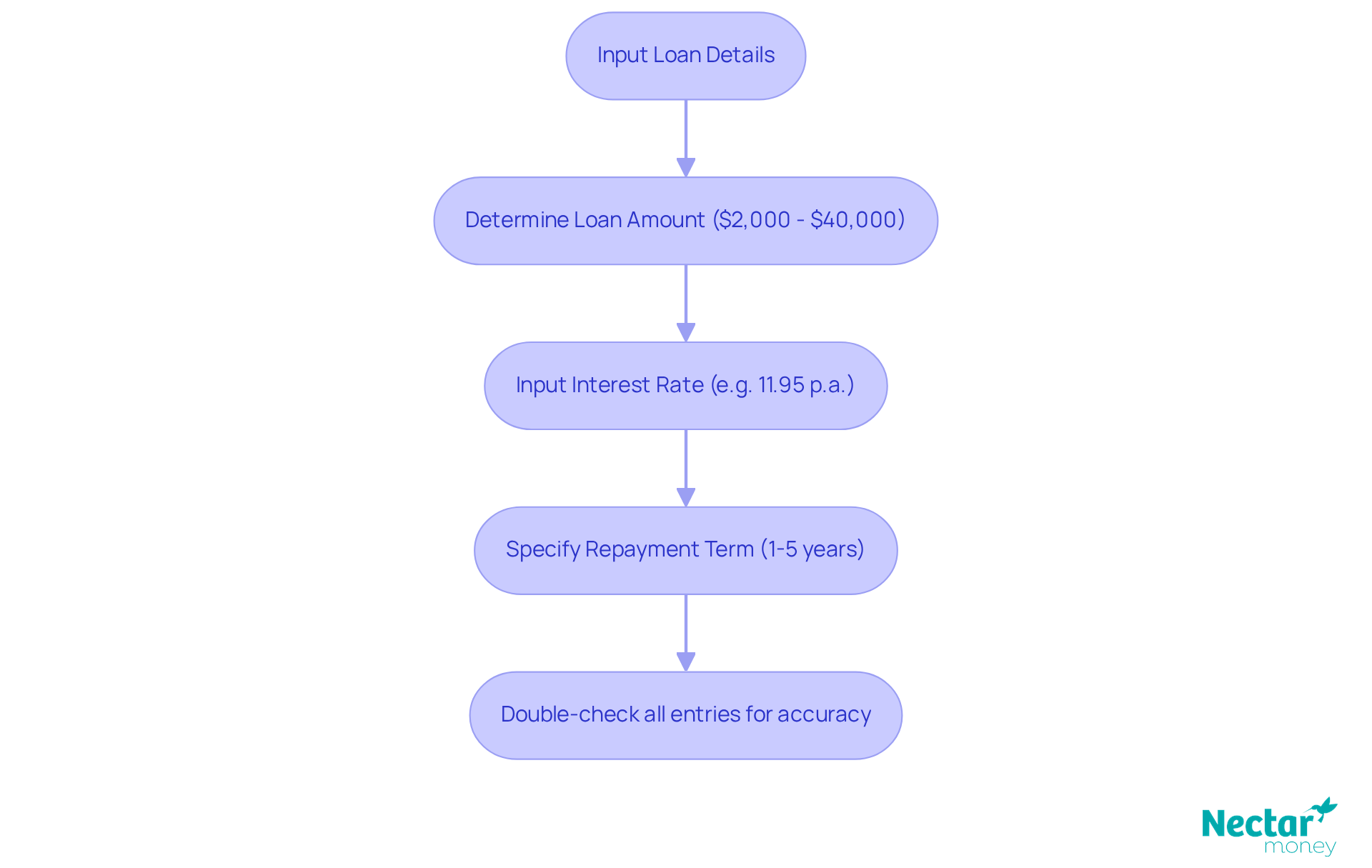 Follow the arrows through the steps to ensure you enter all loan details correctly. Each box represents a crucial part of the process, and the last cautionary box reminds you to double-check your information!