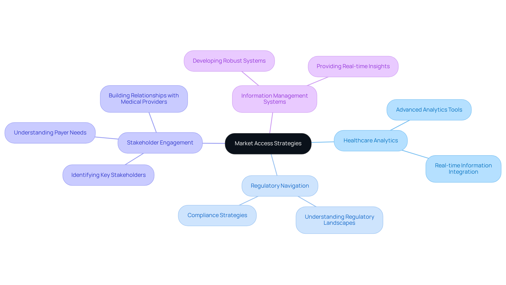 The center represents the main strategy of market access, and the branches show how various elements like analytics and regulatory navigation are connected to support successful product launches.