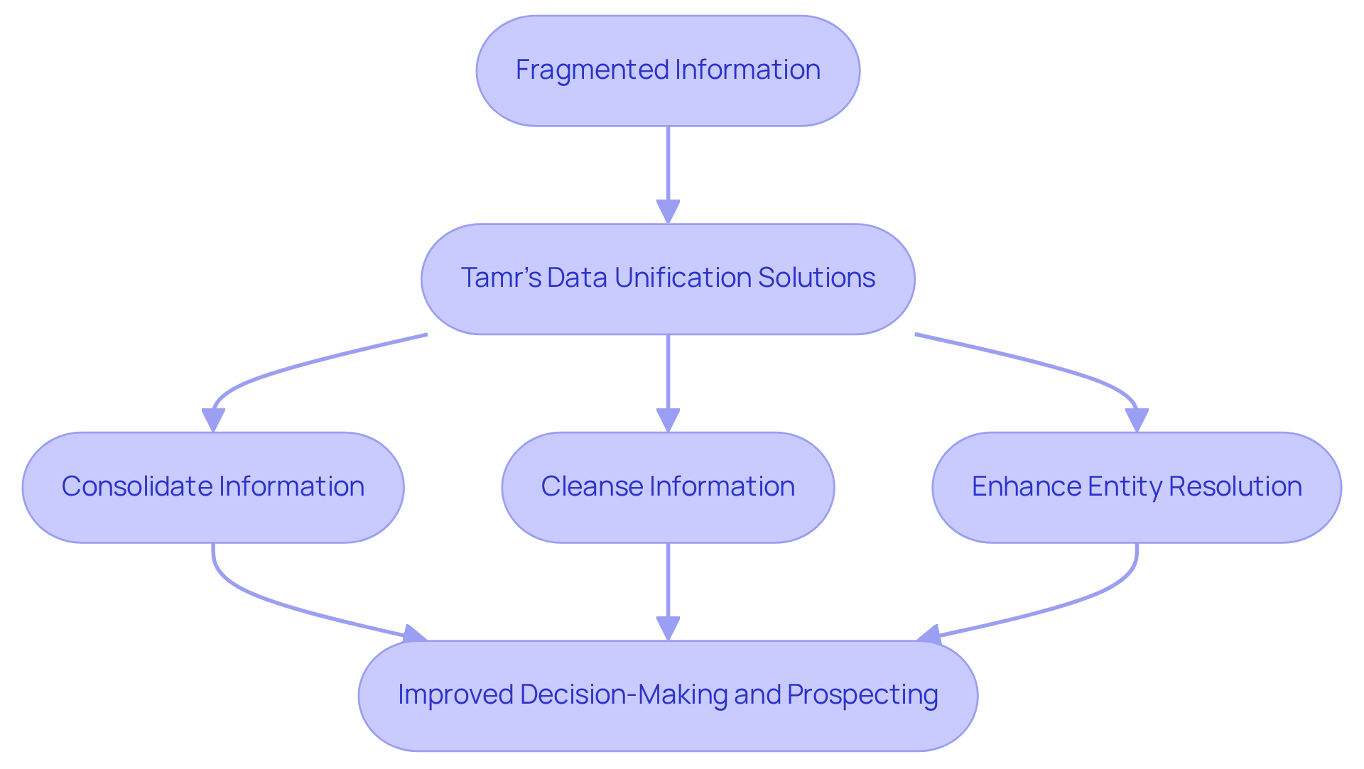 This flowchart illustrates how fragmented information is transformed through Tamr's solutions into improved decision-making and prospecting. Each step shows how the process builds on the previous one, leading to better outcomes for organizations.