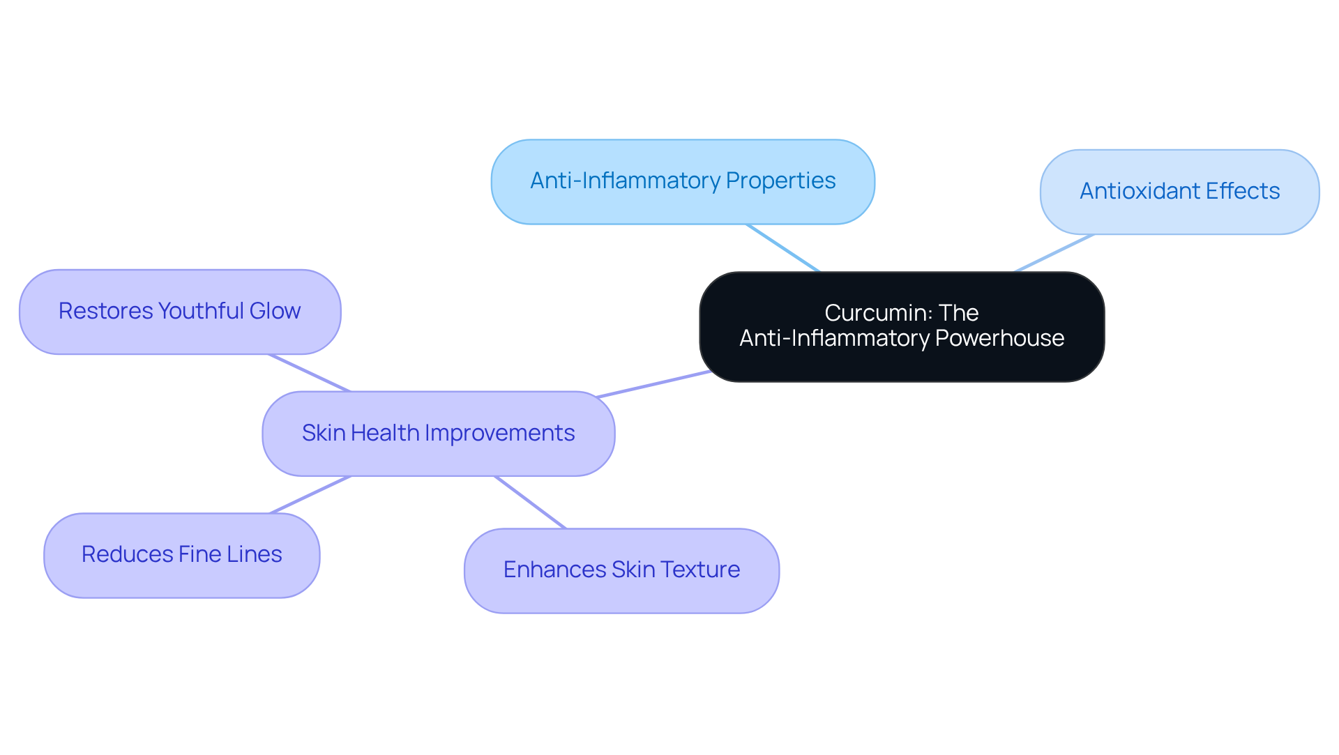 This mindmap shows how curcumin can help with skin aging. Start at the center with curcumin, then follow the branches to see its anti-inflammatory and antioxidant benefits, and how they contribute to healthier, younger-looking skin. This mindmap shows how curcumin can help with skin aging. Start at the center with curcumin, then follow the branches to see its anti-inflammatory and antioxidant benefits, and how they contribute to healthier, younger-looking skin.
