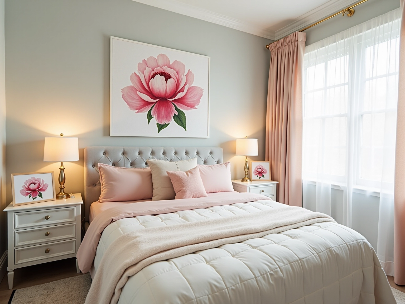 Tranquil Bedroom with Watercolor Peony Prints