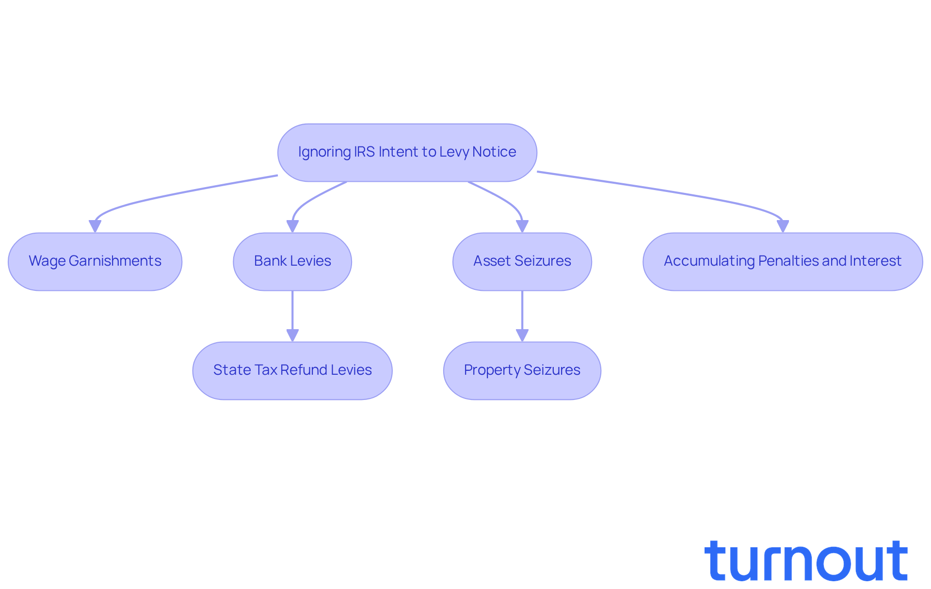 This flowchart shows what happens if you ignore an IRS notice. Start at the top with the initial action, and follow the arrows to see the serious financial consequences that can follow, like wage garnishments and asset seizures.