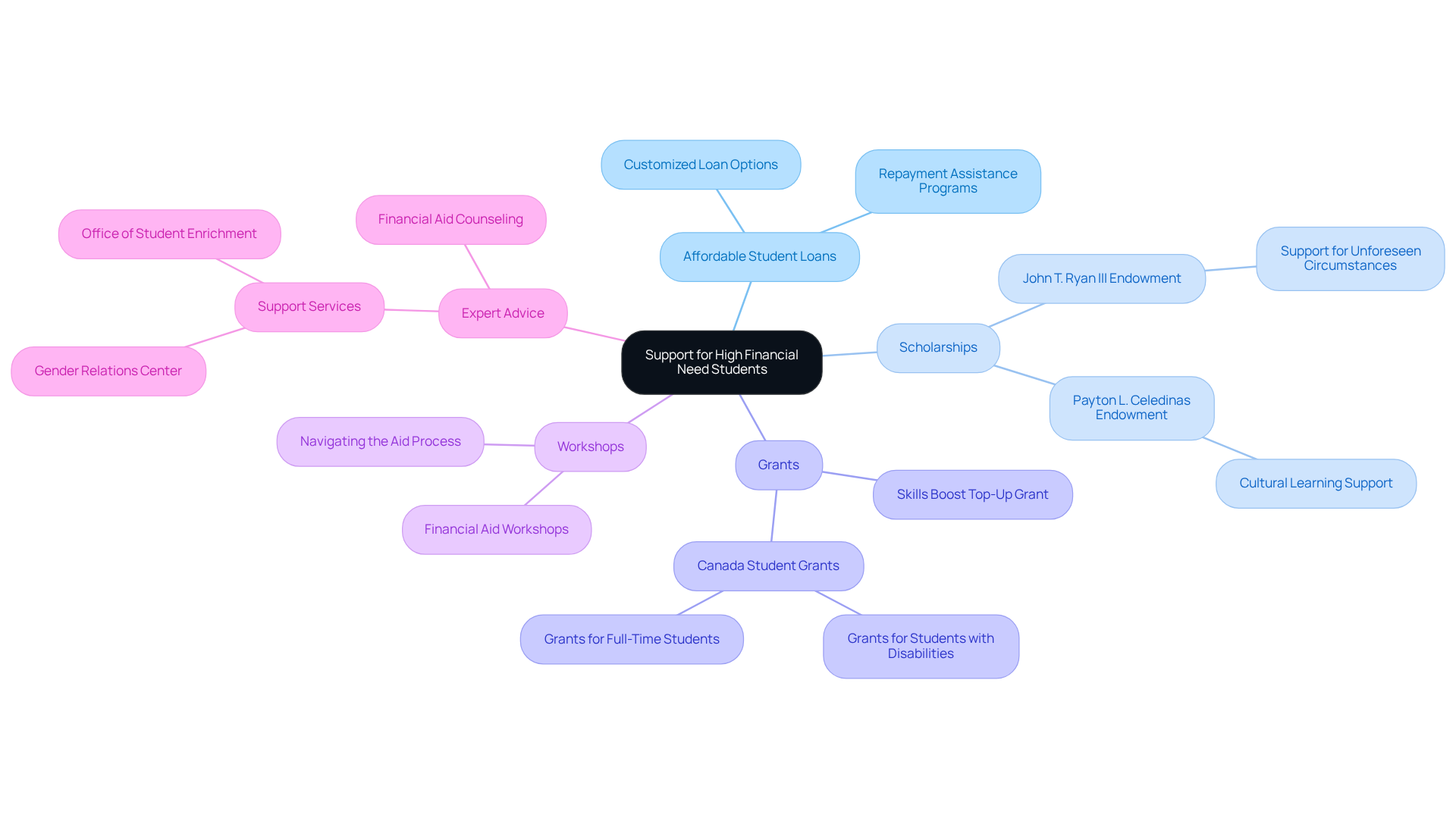 The center represents the main support initiative, while the branches show different types of resources available. Follow the branches to explore how each resource contributes to helping students with financial needs.